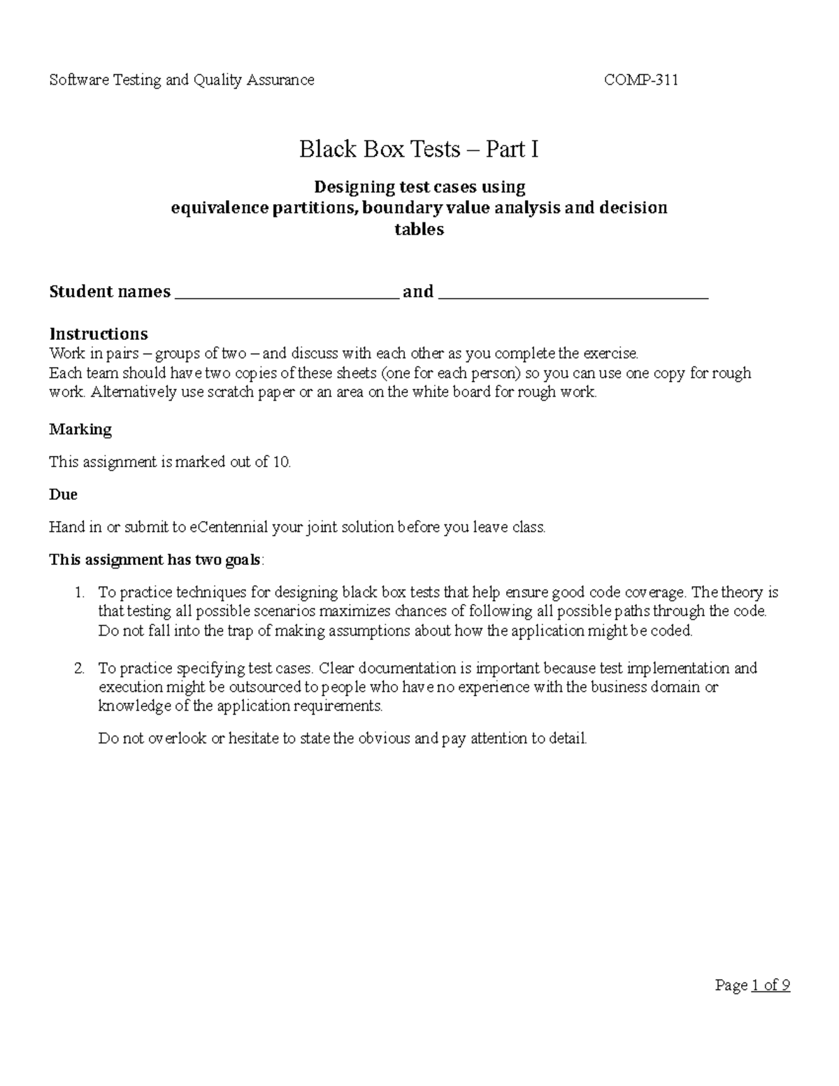 A7-Black Box Tests Part I - Software Testing and Quality Assurance COMP ...