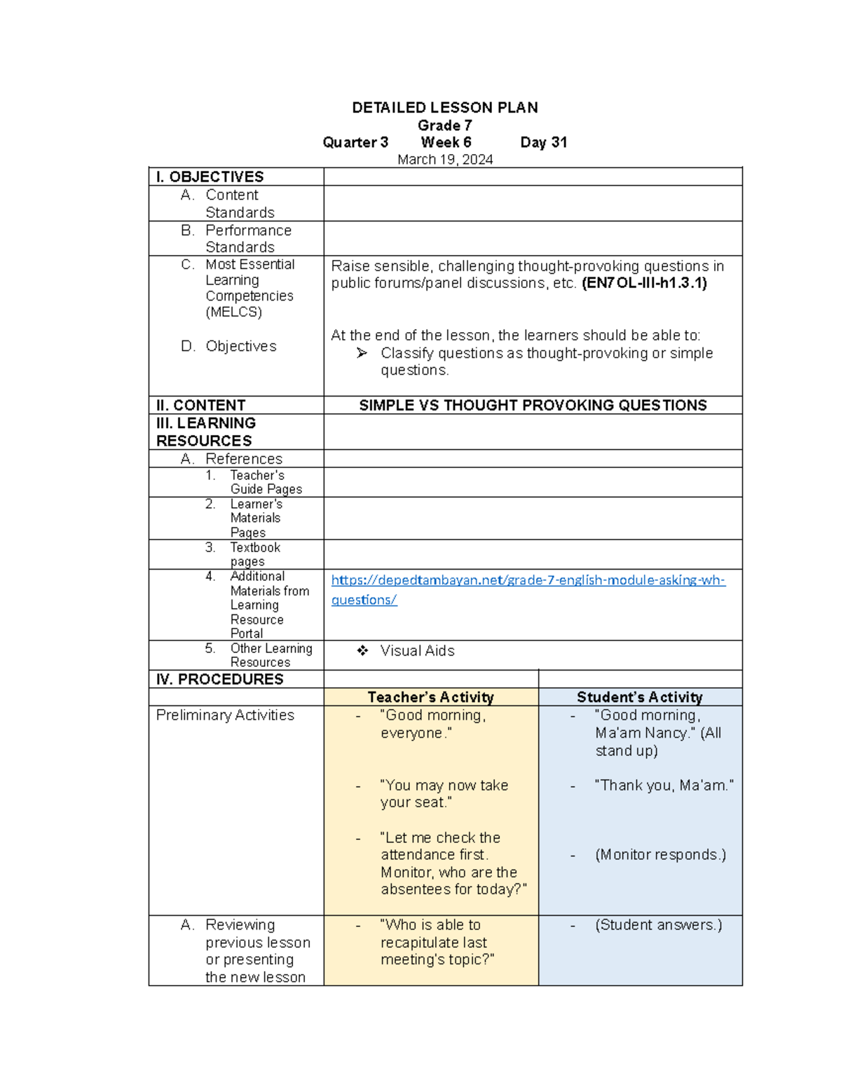 LP 19 050935 - Sample Detailed Lesson Plan - DETAILED LESSON PLAN Grade ...