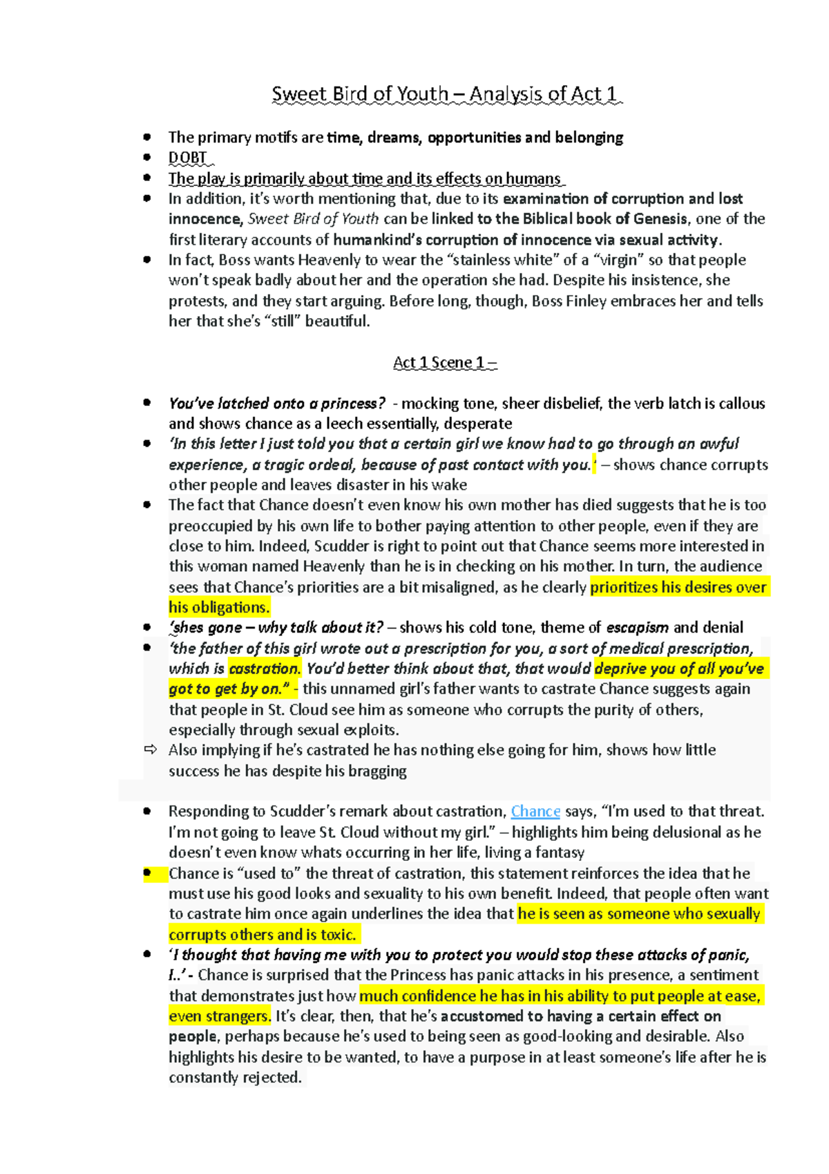 Sweet Bird of Youth ( Tennessee Williams) - Analysis of Act 1 - Sweet ...