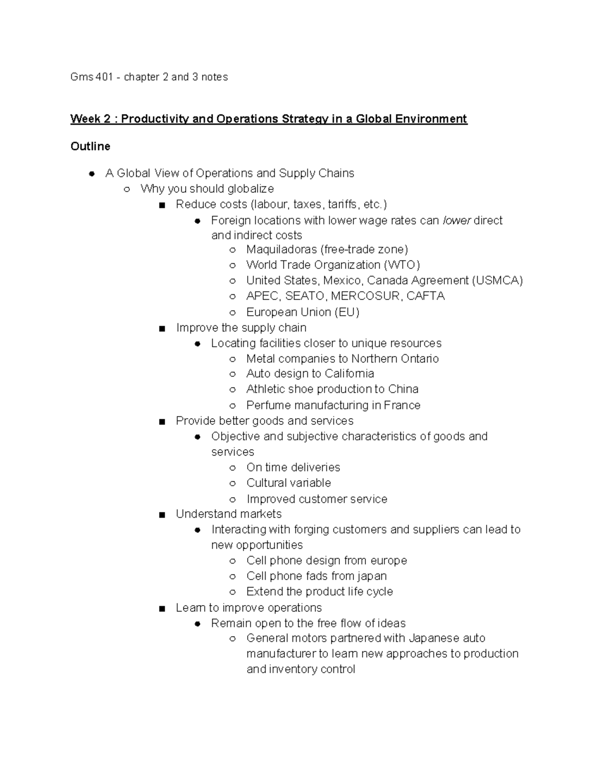 operations management - chapter 2 and 3 notes - Gms 401 - chapter 2 and ...