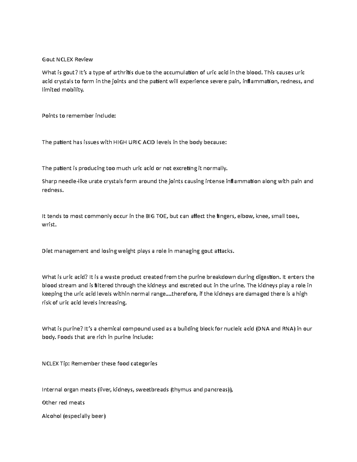 Gout arthritis notes - Gout NCLEX Review What is gout? It’s a type of ...