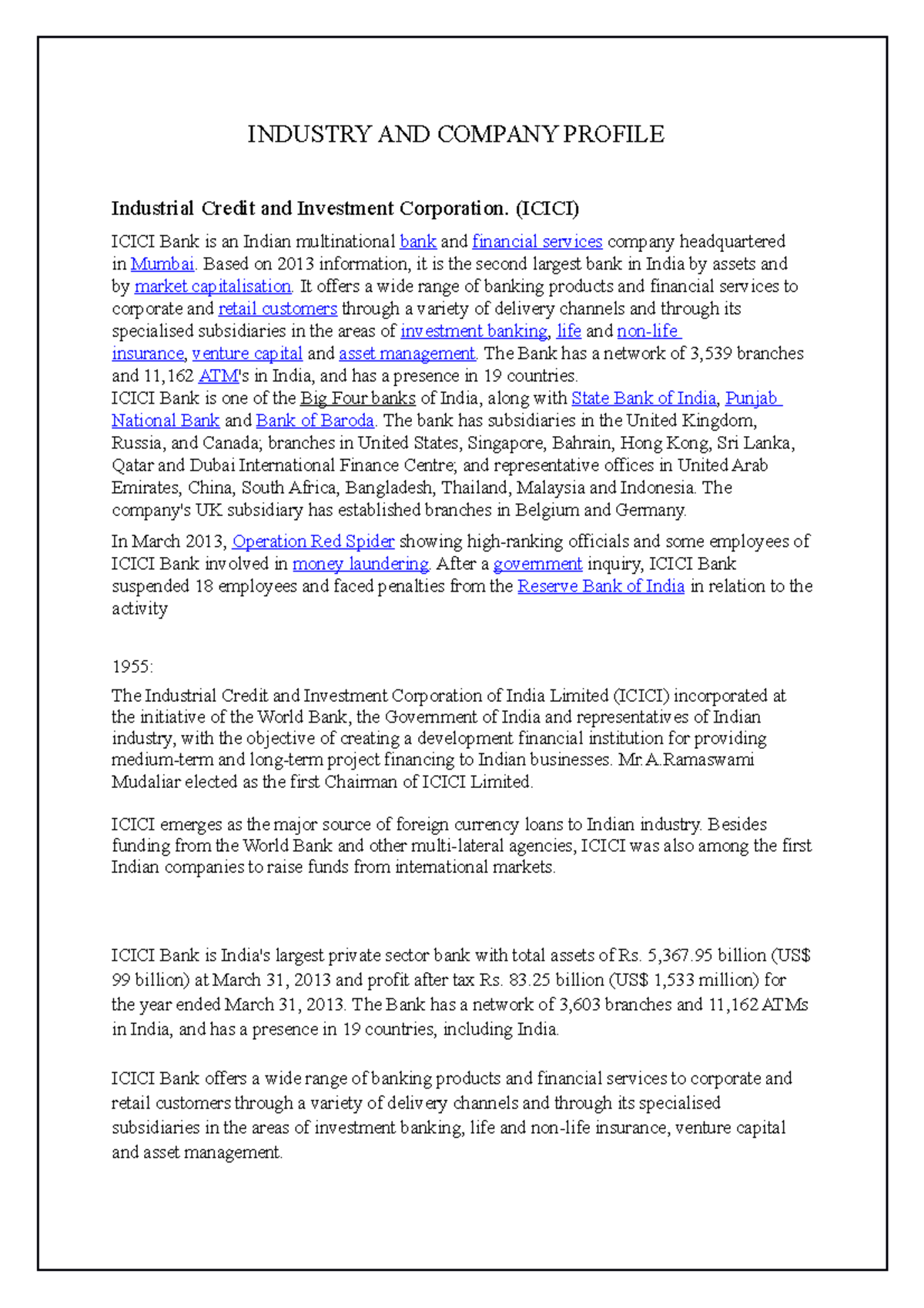 Icici 1 - INDUSTRY AND COMPANY PROFILE Industrial Credit and Investment ...