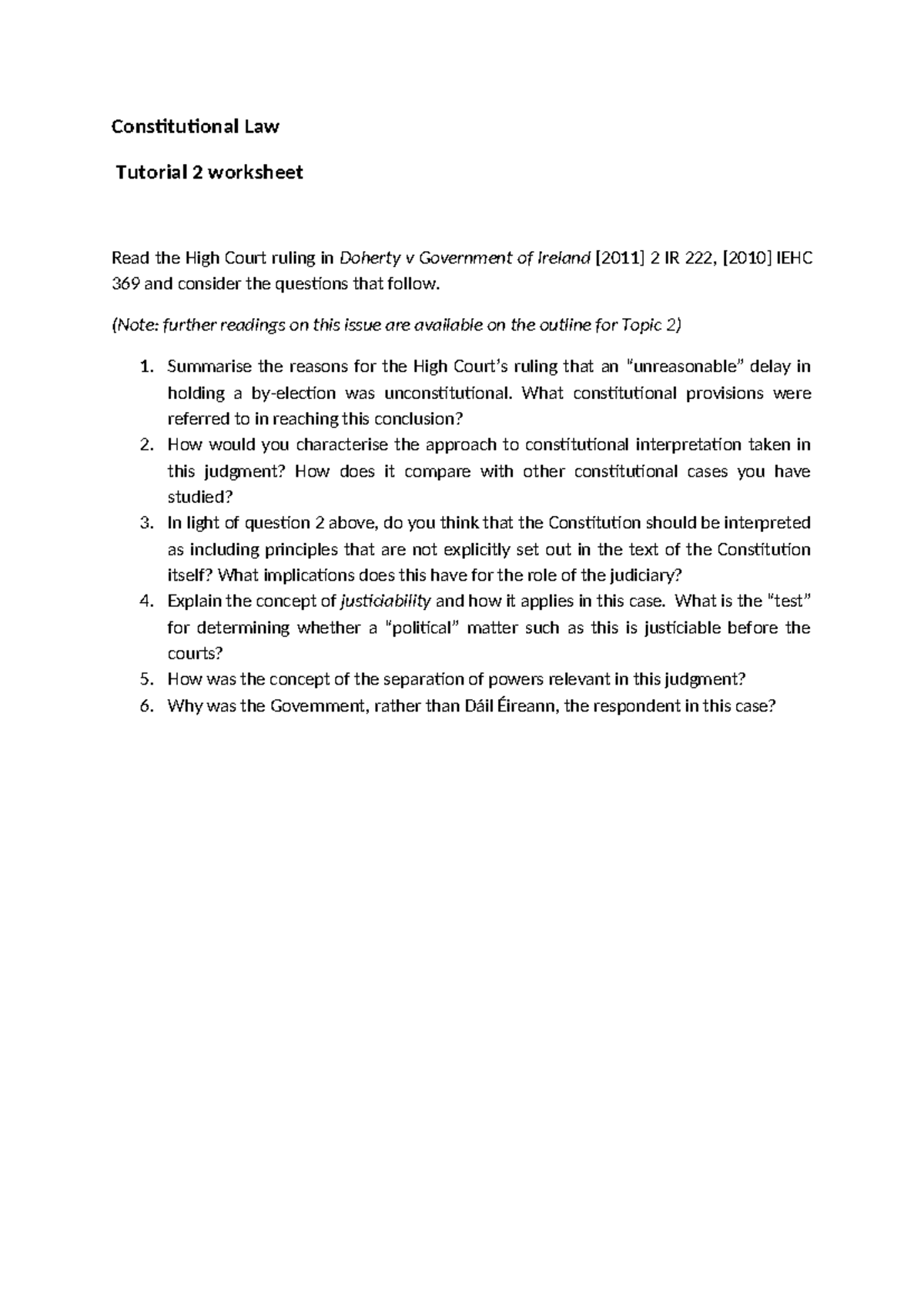 Tutorial 2 worksheet (2024) - Constitutional Law Tutorial 2 worksheet Read the High Court ruling ...