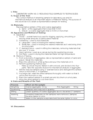 CMT - Lab. Rep. Reducing Field samples to testing sizes - I. TITLE ...