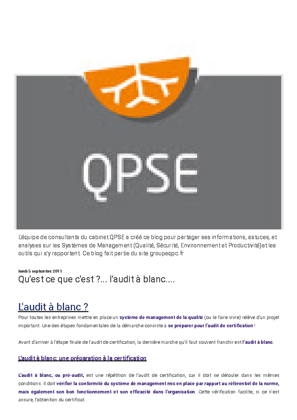 QPSE Qu'est ce que c'est ... l'audit à blanc - L'équipe de consultants du cabinet QPSE a créé ce ...