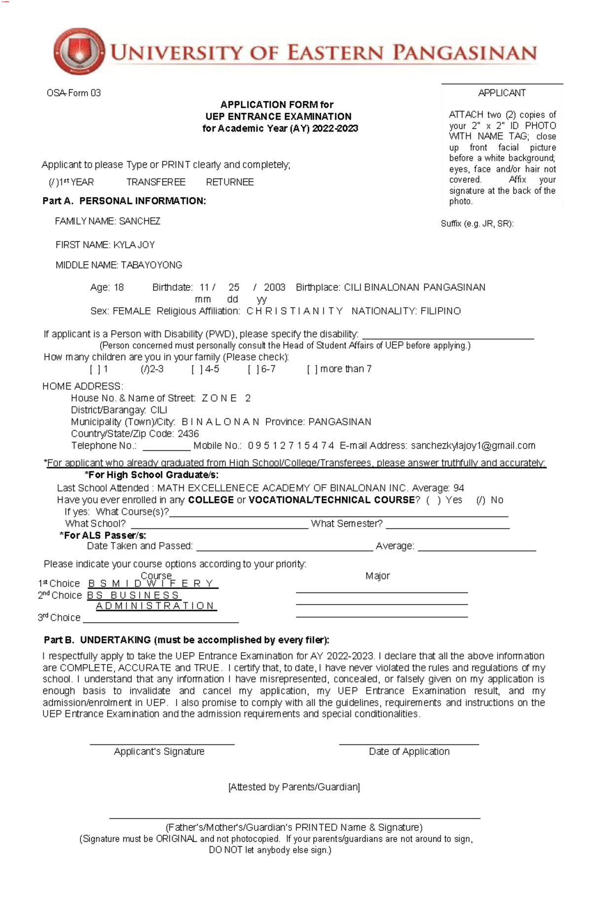 Admission Form(UEP)JOY - HHFBGFGCVVCCBVHHH OSA-Form 03 APPLICANT ...
