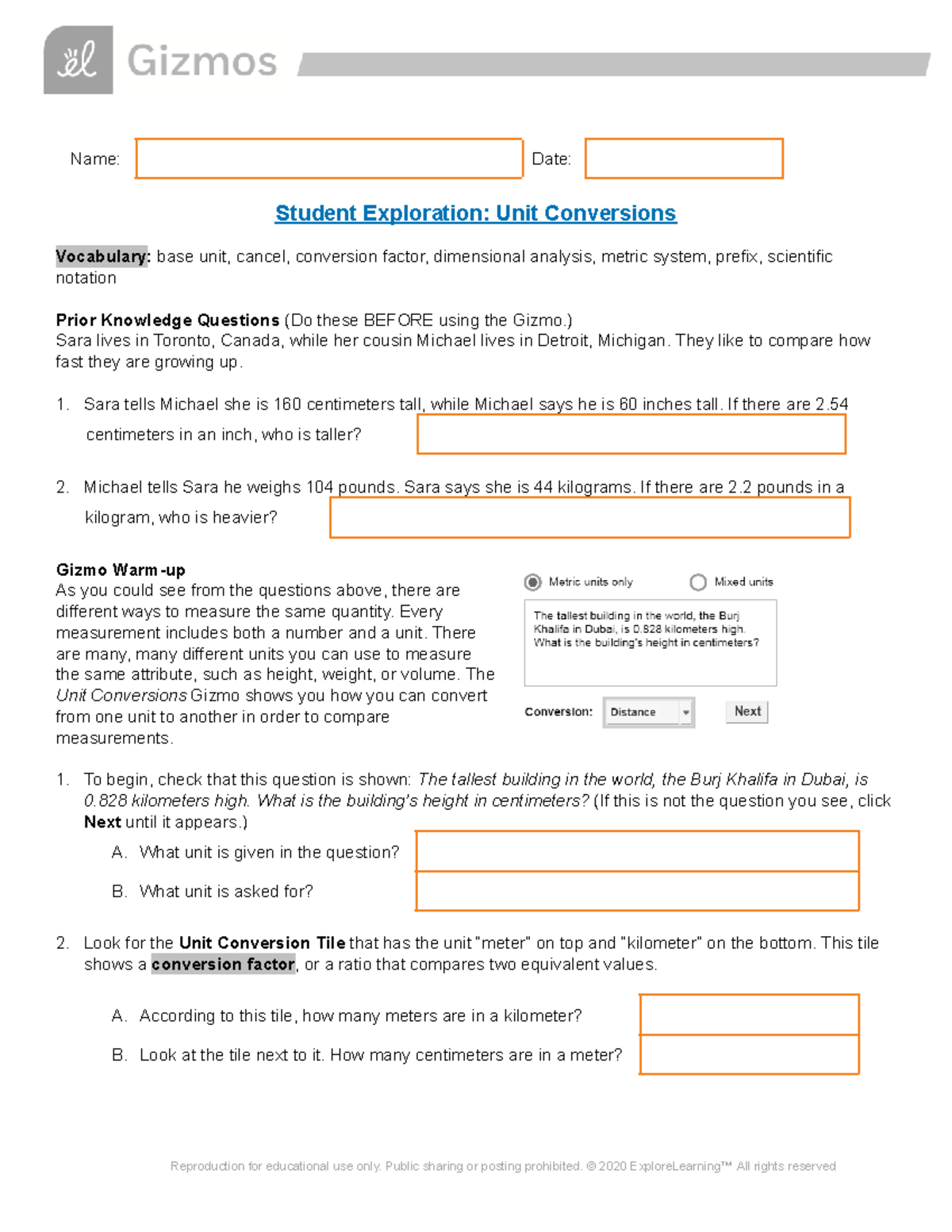 Copy of Unit Conversion SE - Name: Date: Student Exploration: Unit ...