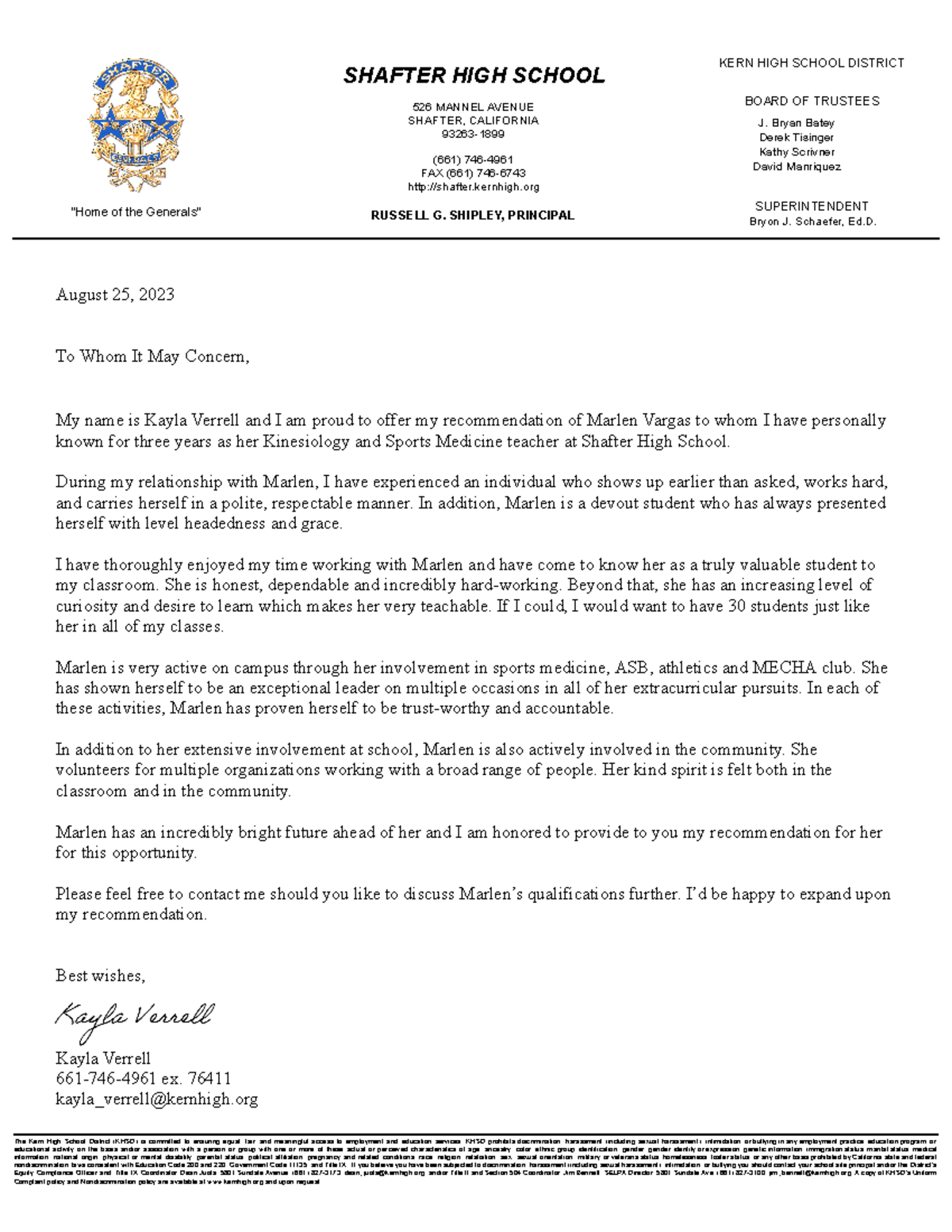 Marlen Vargas Letter of Rec - “Home of the Generals” SHAFTER HIGH ...