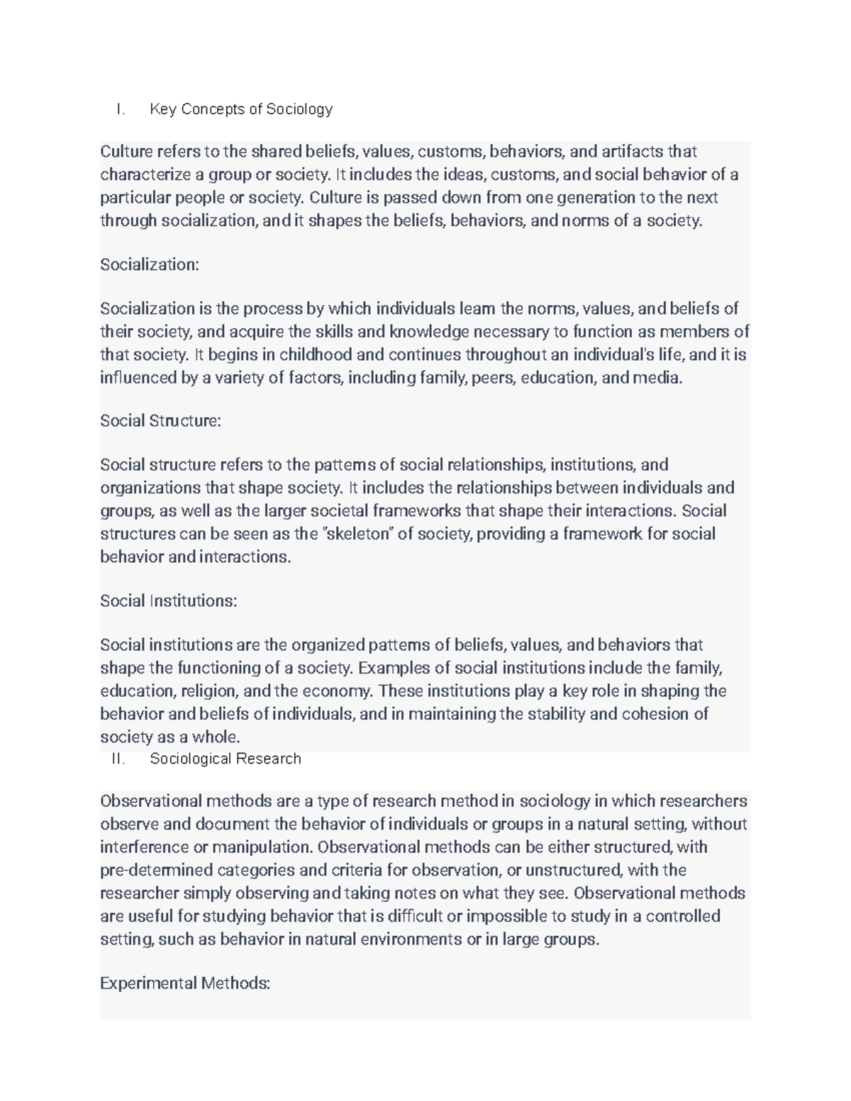 Sociology - Notes on Soc - I. Key Concepts of Sociology Culture refers ...