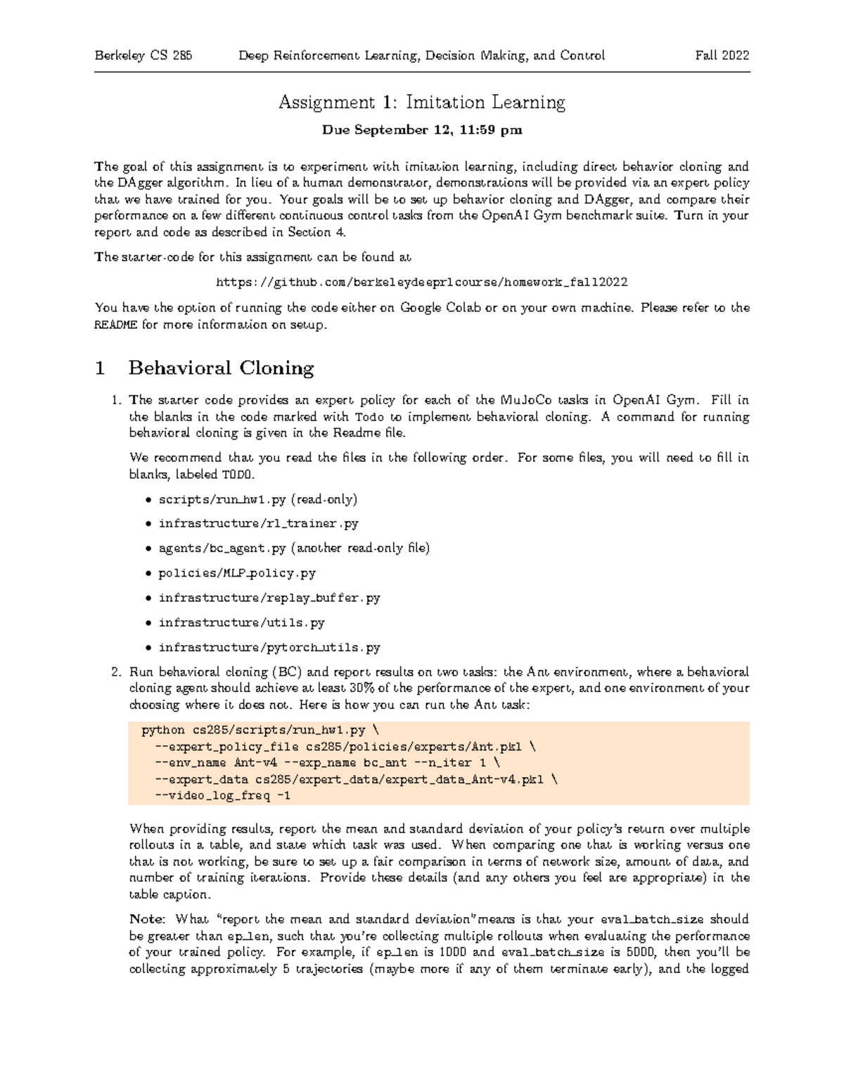 Hw1 - the HW for year 2022 - Berkeley CS 285 Deep Reinforcement Learning, Decision Making, and ...