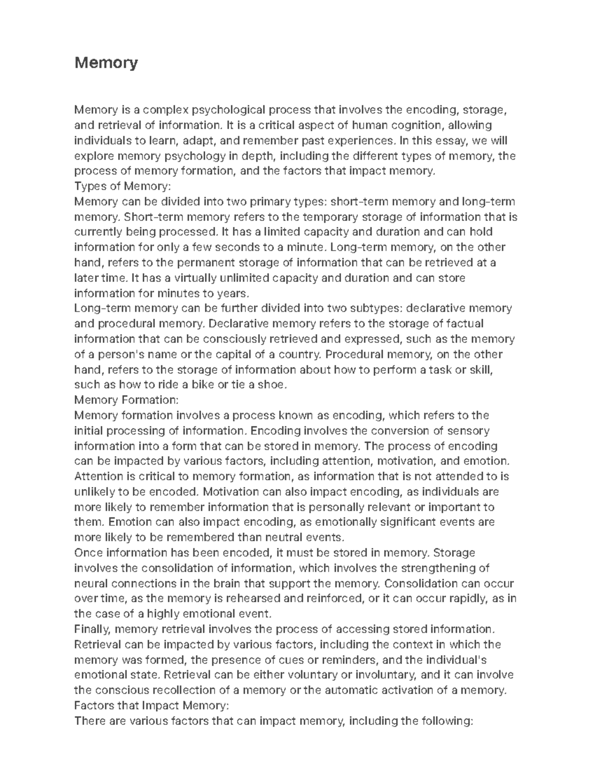 Memory - notes - Memory Memory is a complex psychological process that ...