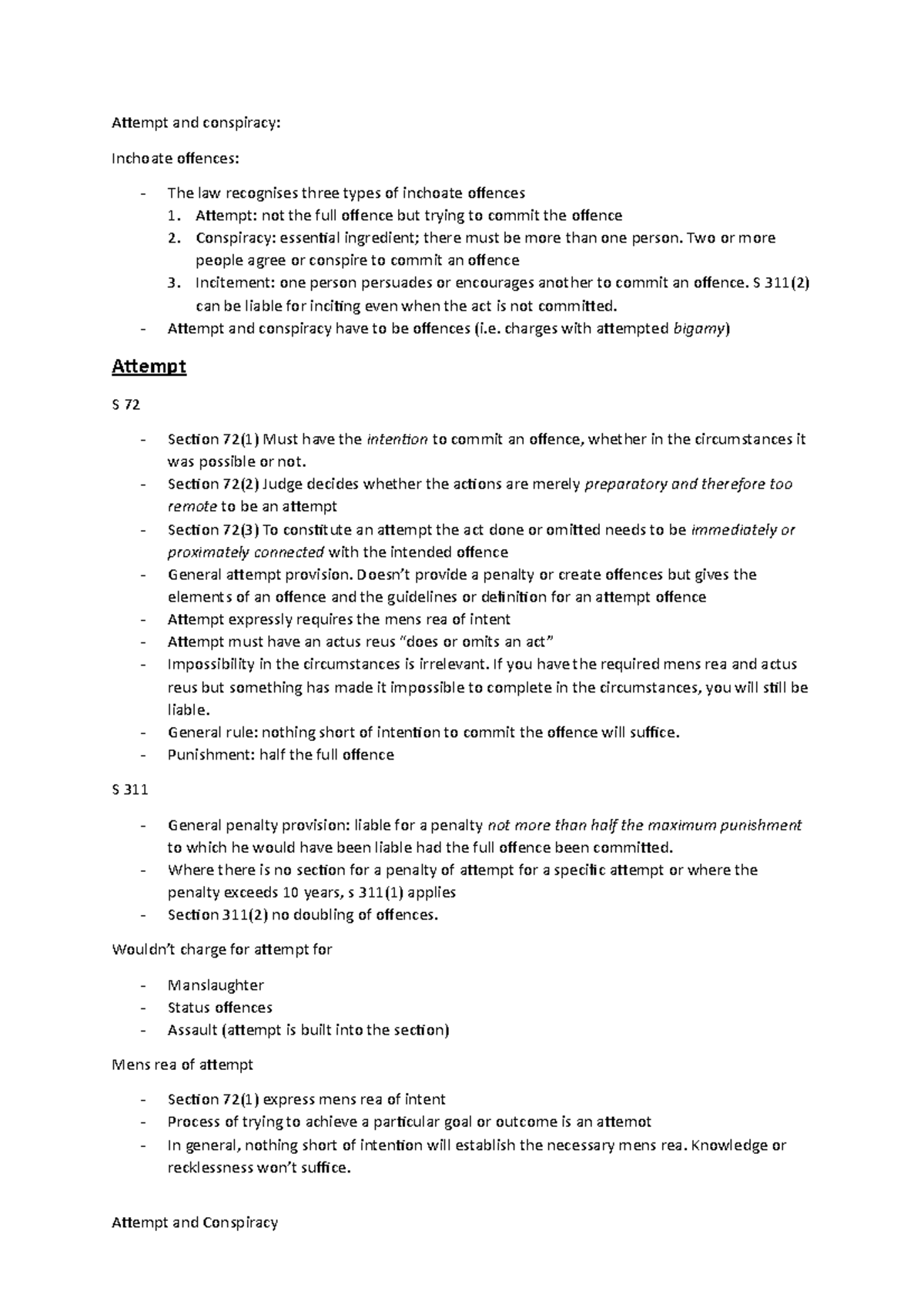 Attempt and Conspiracy Summary Sheet - Attempt and conspiracy: Inchoate ...