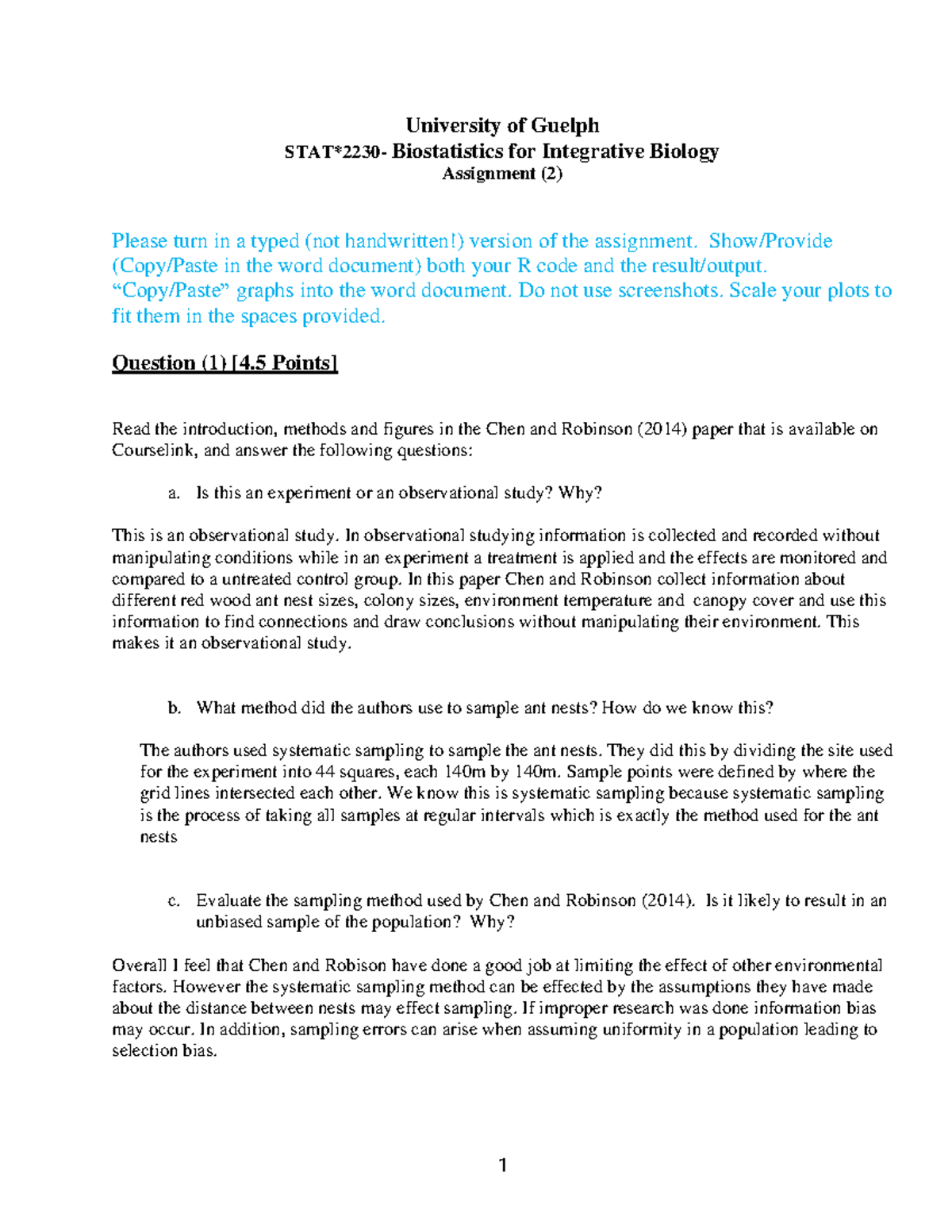 Assignment 2 biostats - University of Guelph STAT*2230- Biostatistics for Integrative Biology ...
