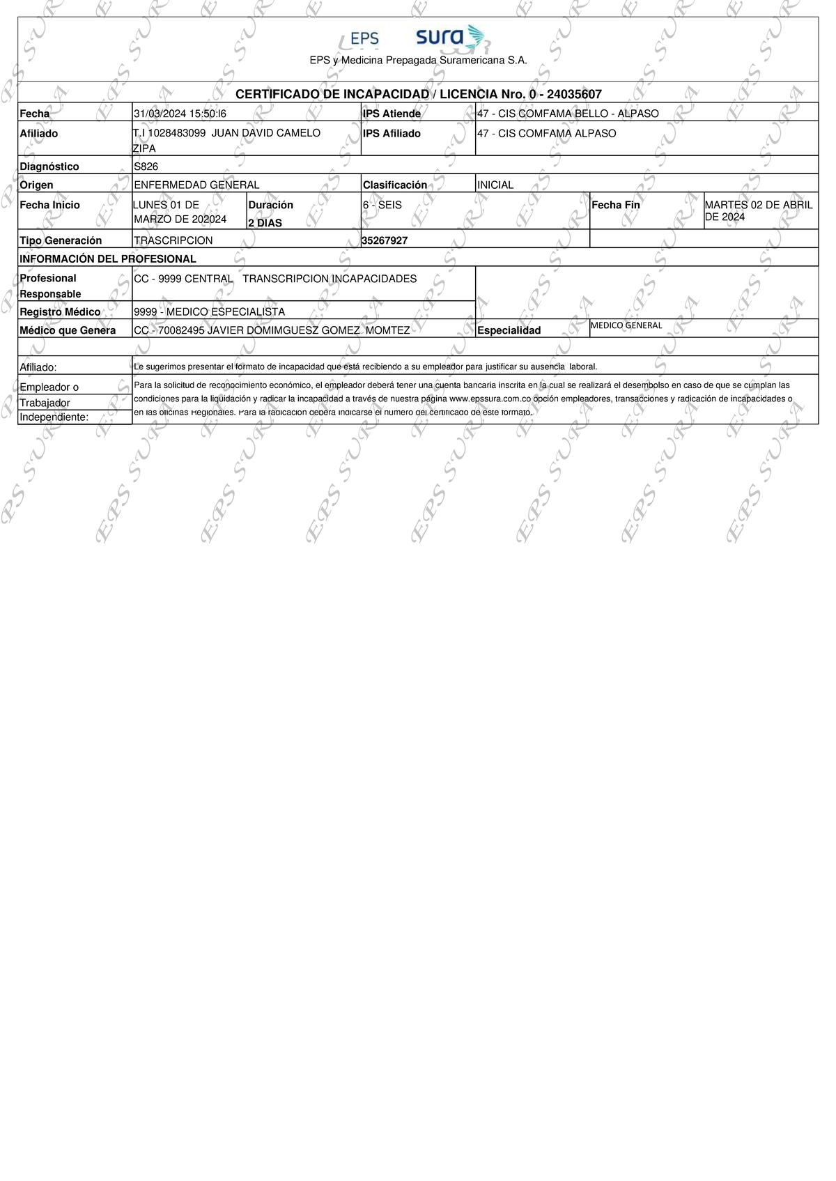 Excusas medicas falsa - UR SUR EPS y Medicina Prepagada Suramericana S ...