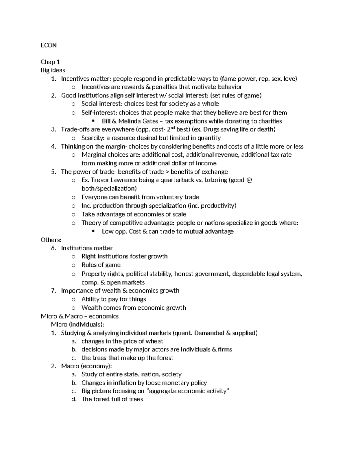 ECON notes - ECON Chap 1 Big ideas 1. Incentives matter: people respond ...