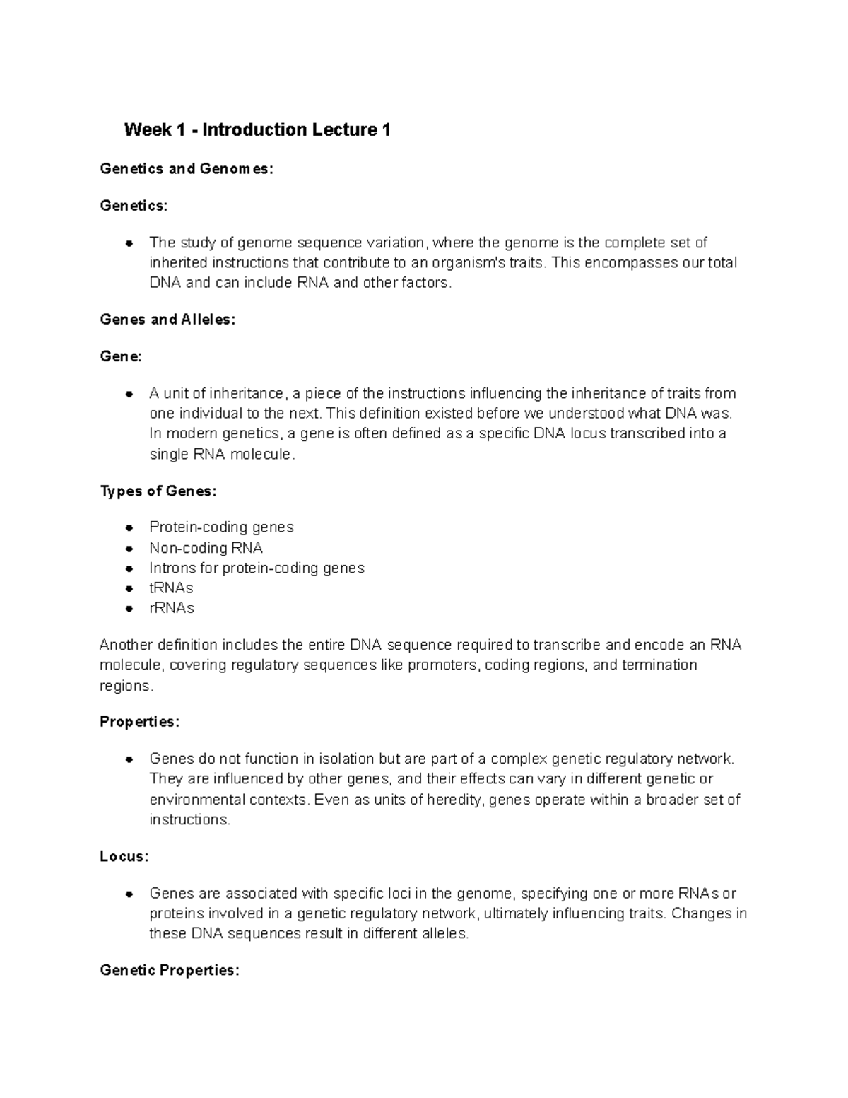 Genetics Lecture - Week 1 - Introduction Lecture 1 Genetics and Genomes: Genetics: The study of ...