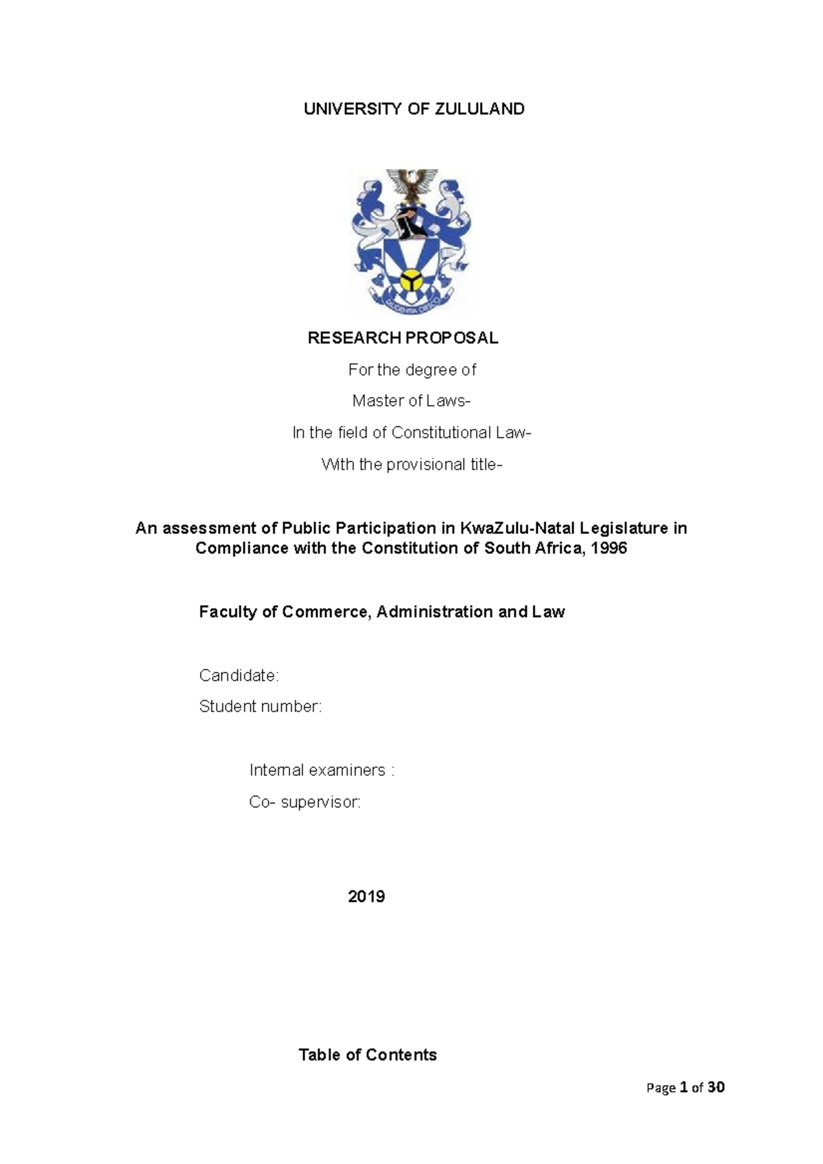 Sample OF A NON- Doctrinal Legal Research Proposal - UNIVERSITY OF ...