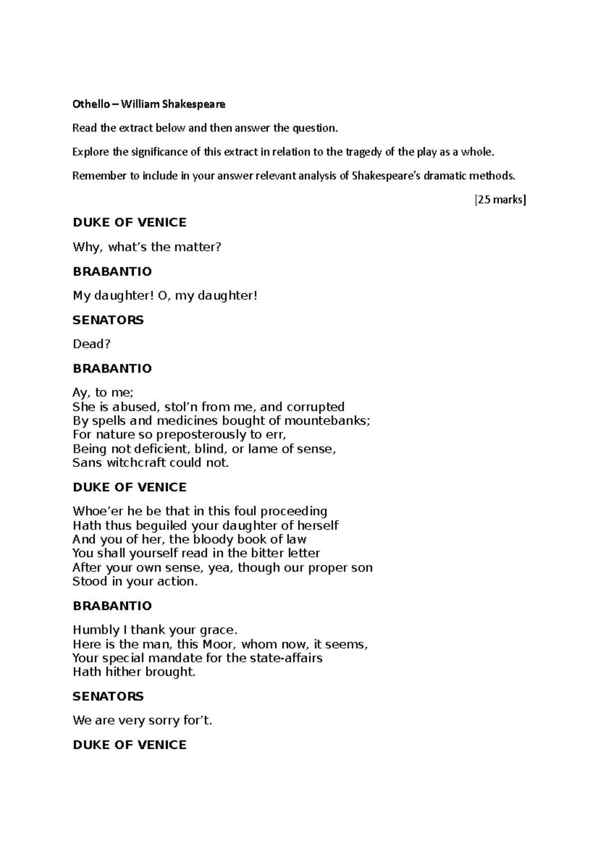 Othello Practice Extract - Othello – William Shakespeare Read the ...