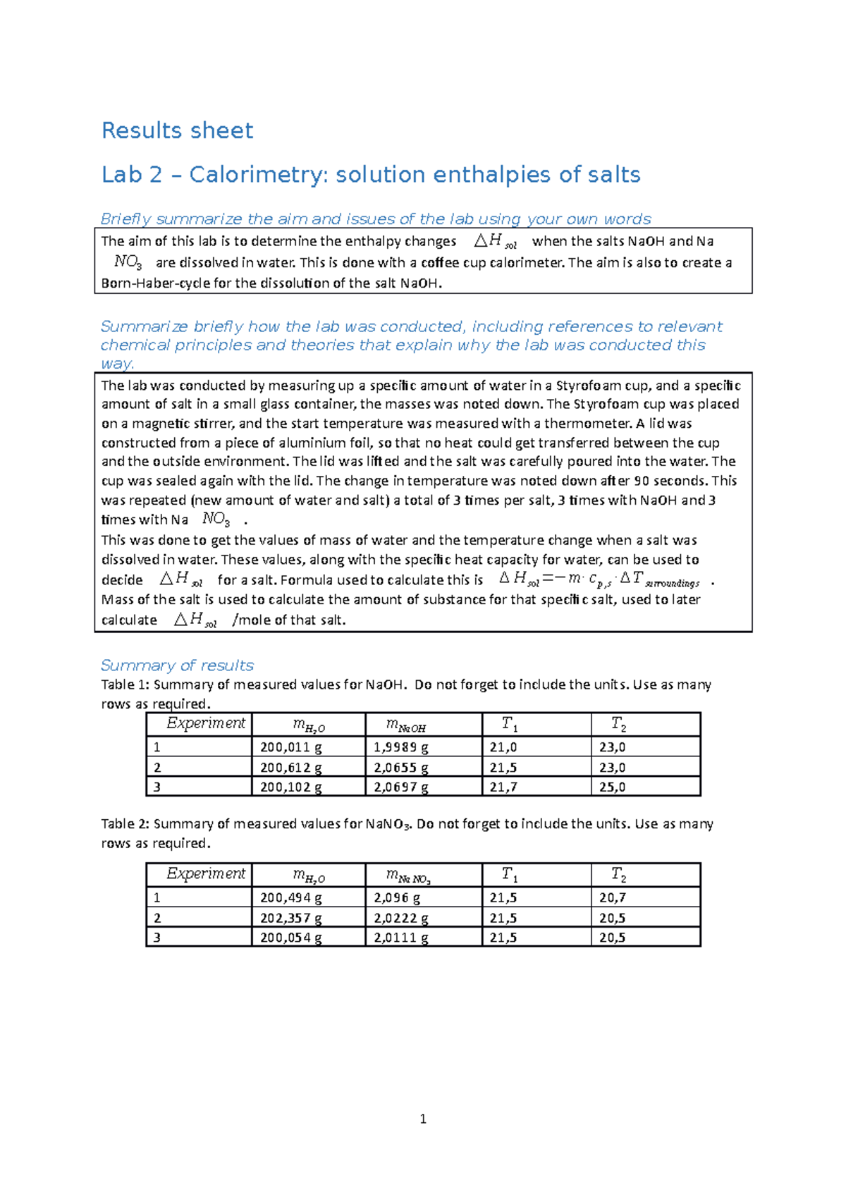 Result sheet lab 2 Calorimetry - Results sheet Lab 2 – Calorimetry ...