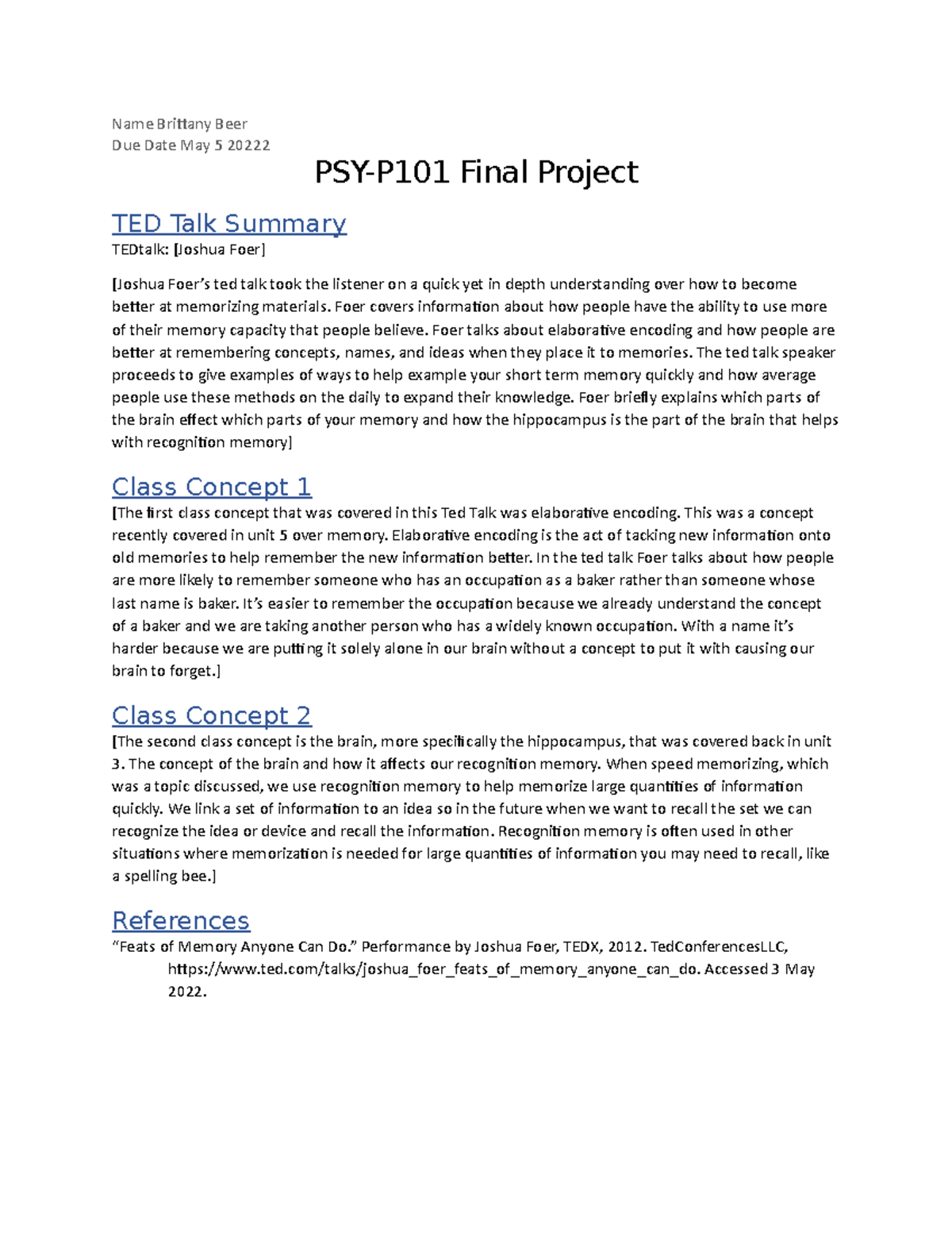 Final Project Template - Name Brittany Beer Due Date May 5 20222 PSY ...