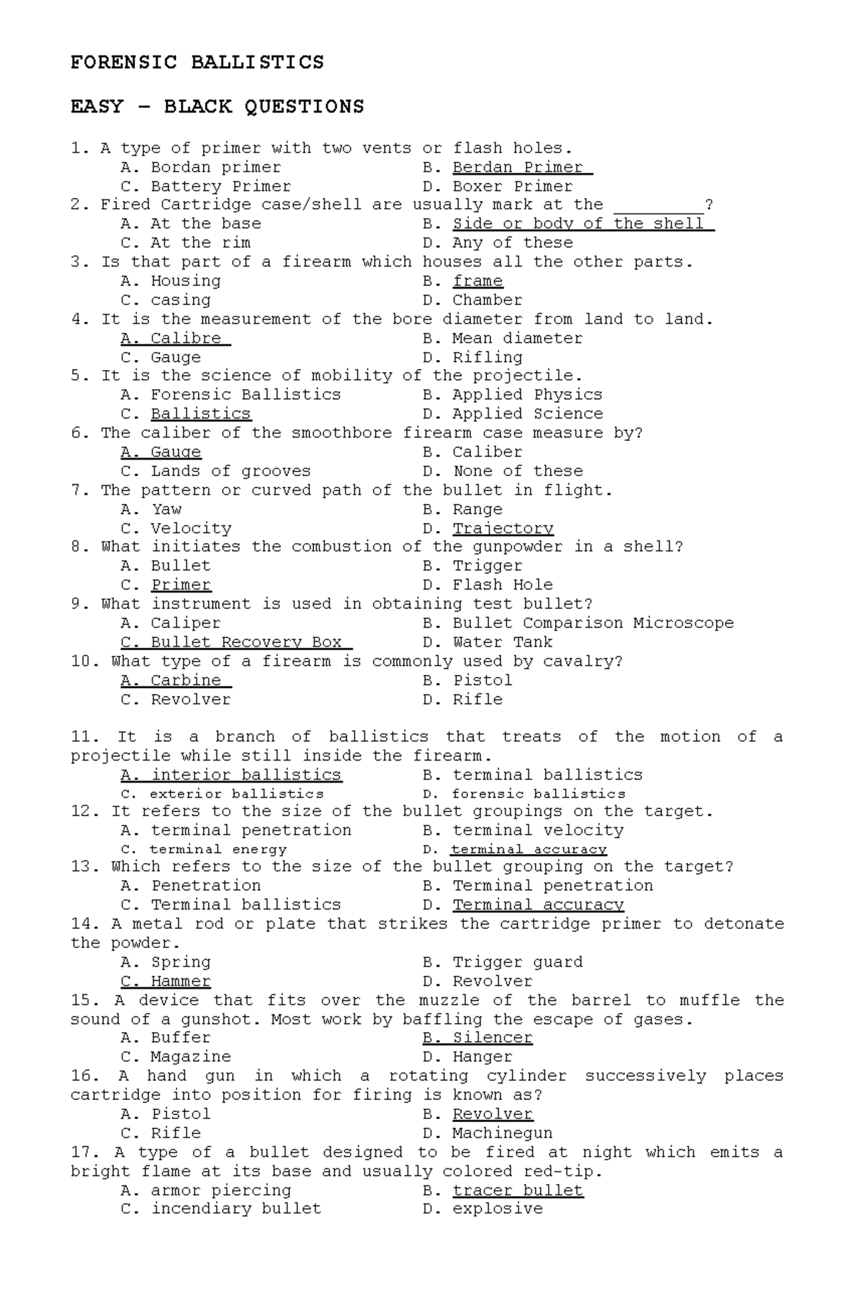 Ballistics review materials - FORENSIC BALLISTICS EASY BLACK QUESTIONS ...