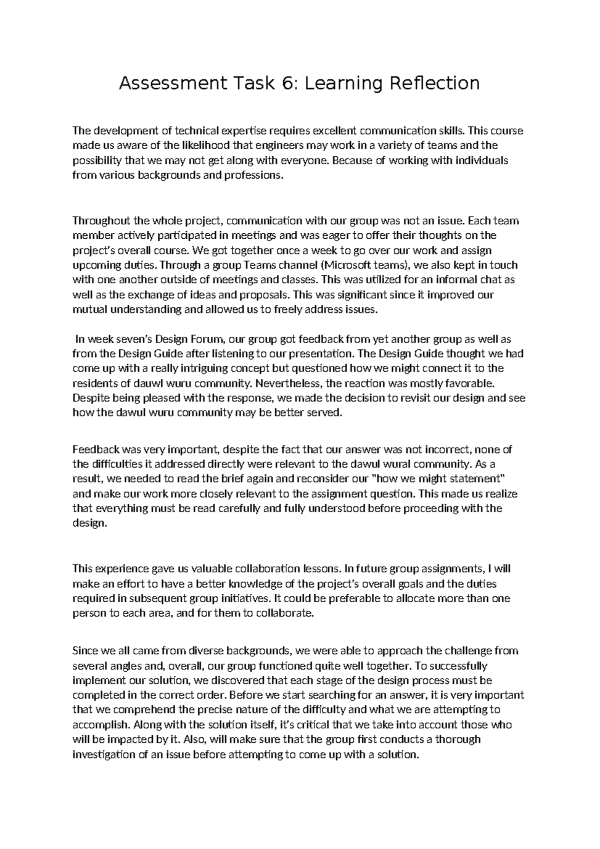 Team Reflection - Assessment Task 6: Learning Reflection The ...