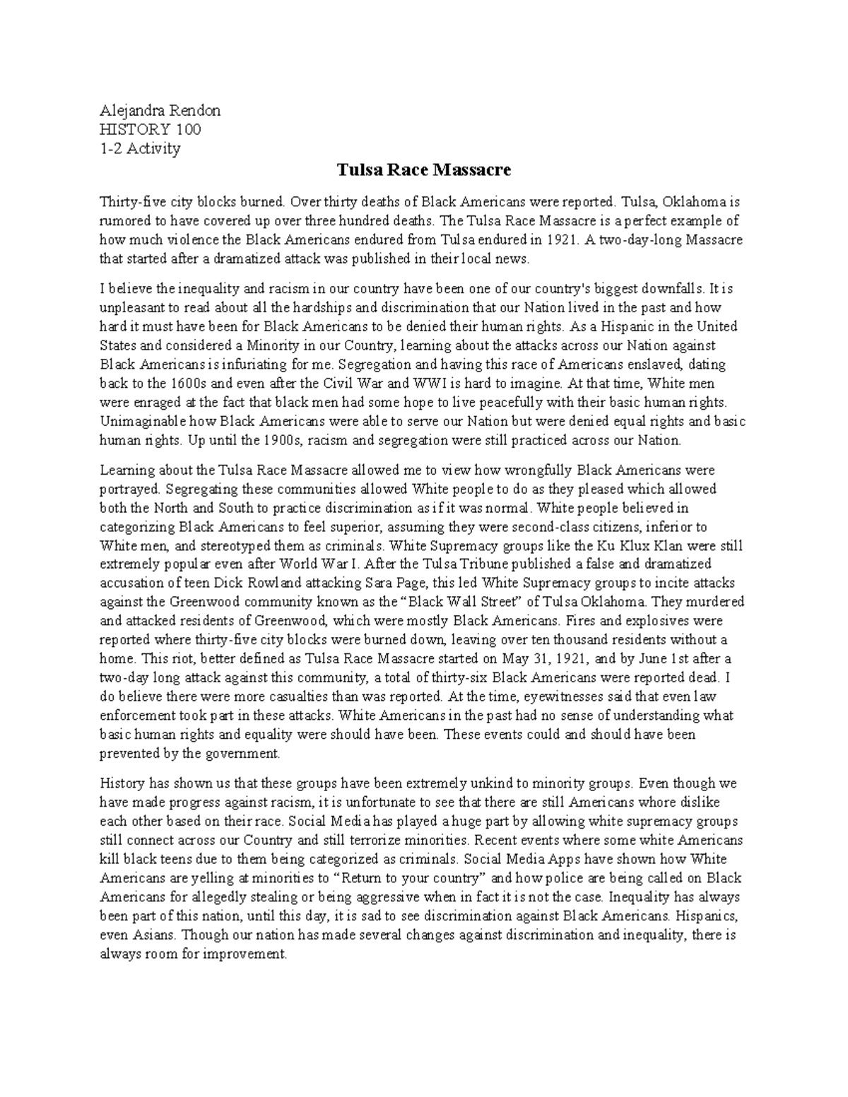 Tulsa Race Massacre Module 1-2 - Alejandra Rendon HISTORY 100 1-2 ...