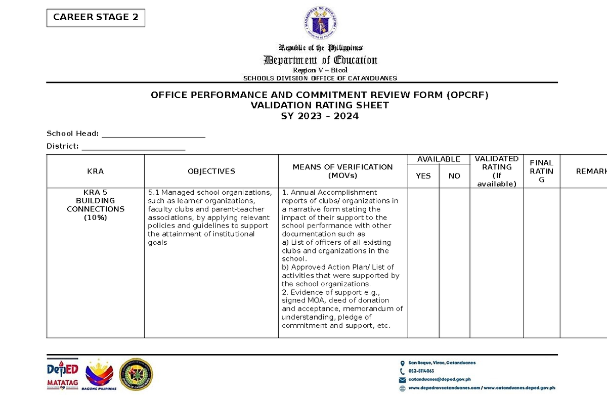 KRA-5-CS2 Rating- Sheet-FOR-THE- Validation-OF-SHs- Opcrf-SY-2023-2024 ...