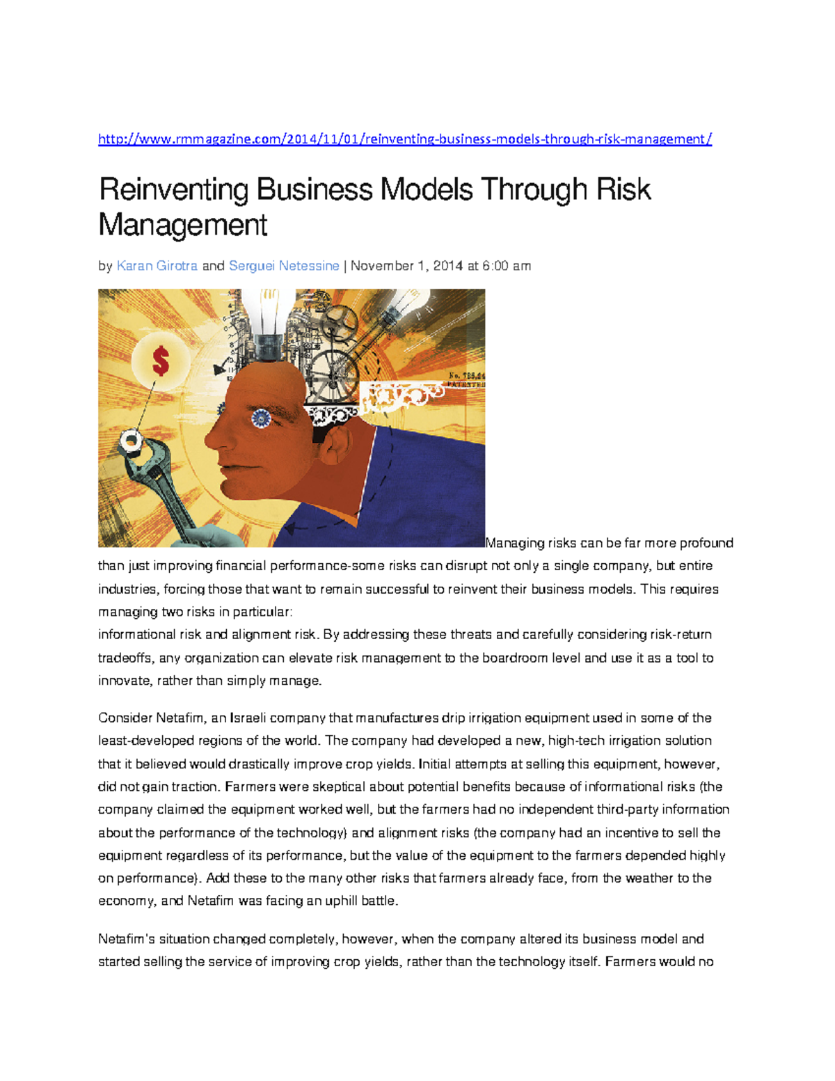 Reinventing Business Models Through Risk Management - - Studocu