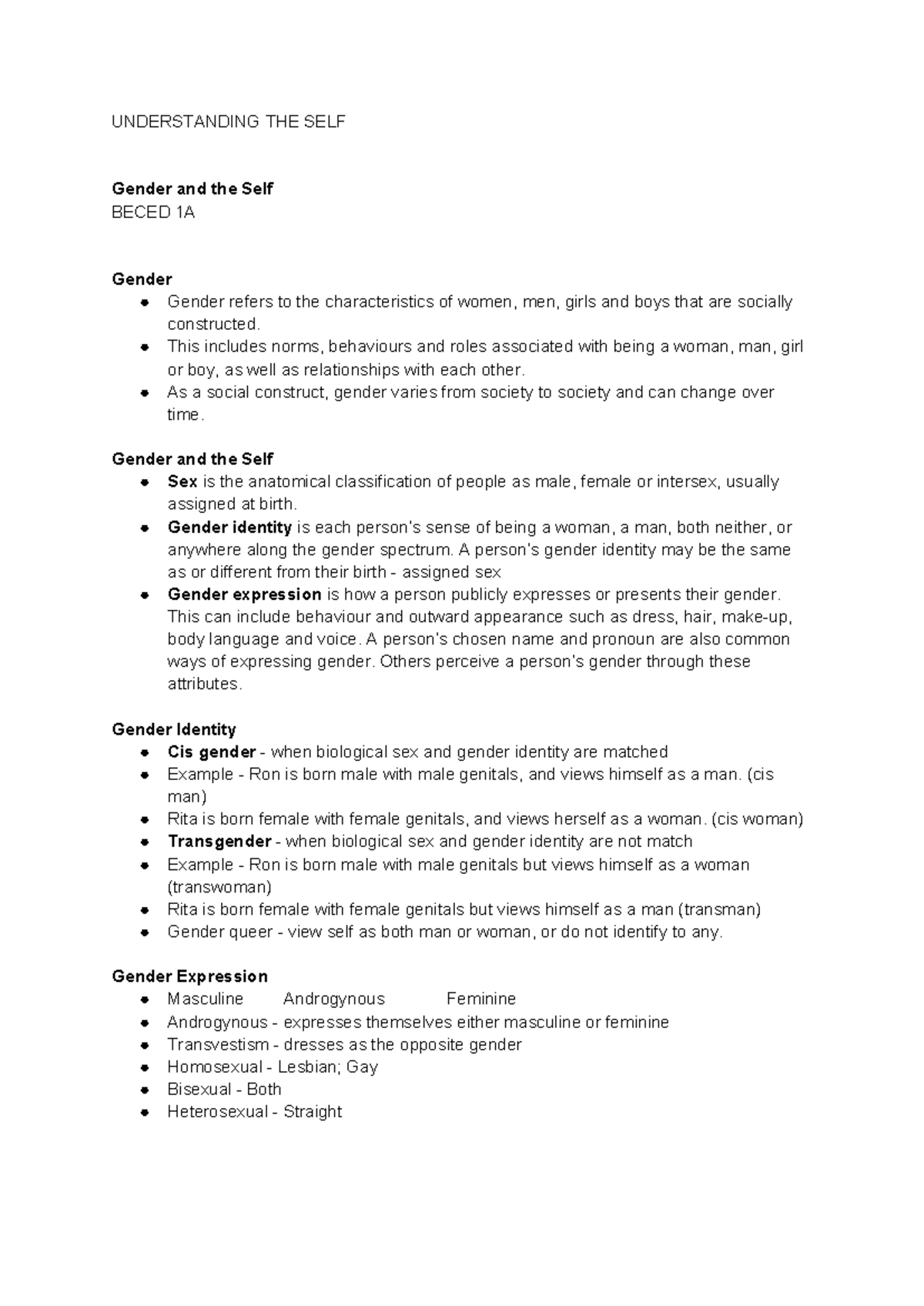 Untitled-document-12 - UNDERSTANDING THE SELF Gender and the Self BECED 1A Gender Gender refers ...