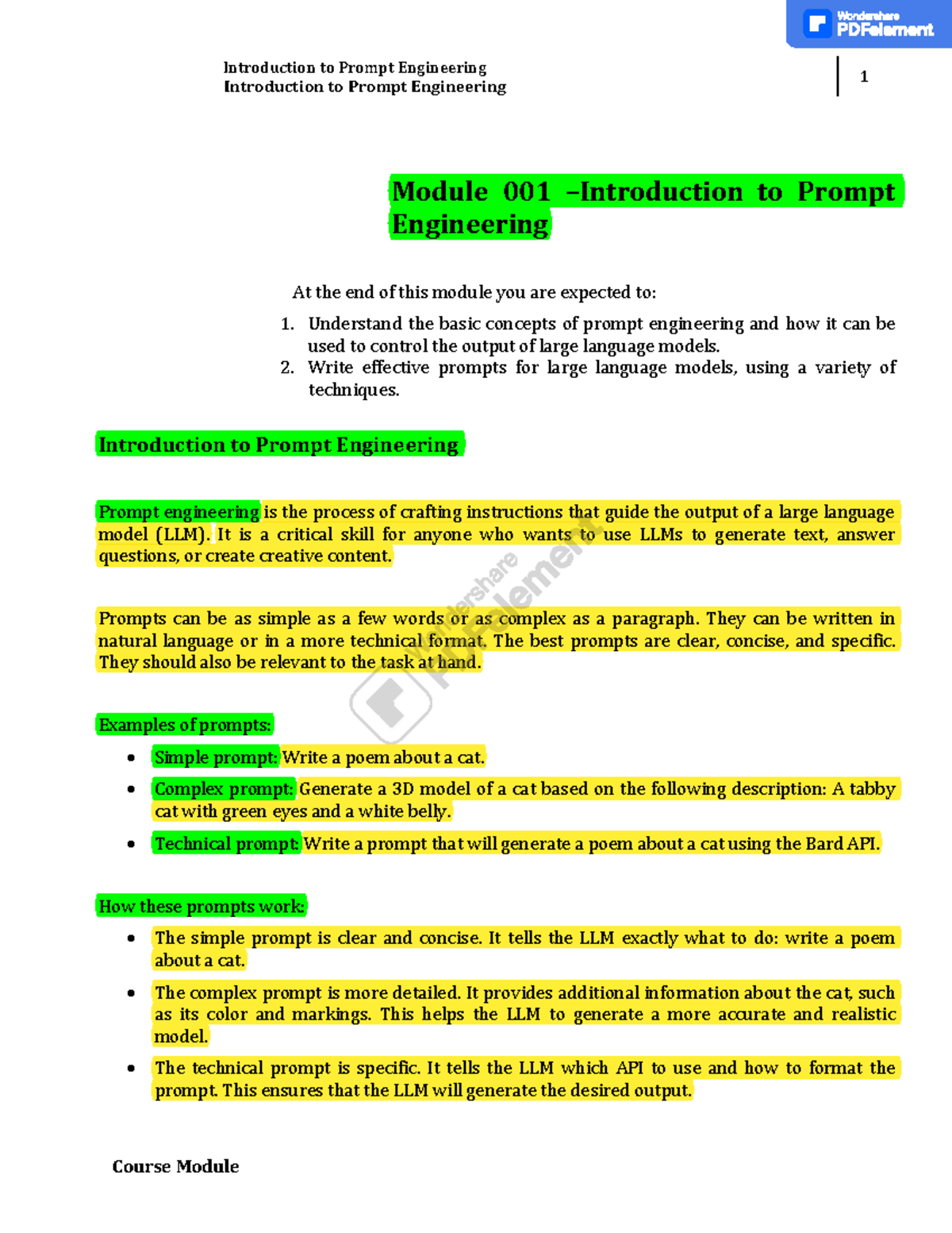 Prompt Engr Module 1 Copy Introduction To Prompt Engineering 1 Module 001 Introduction To