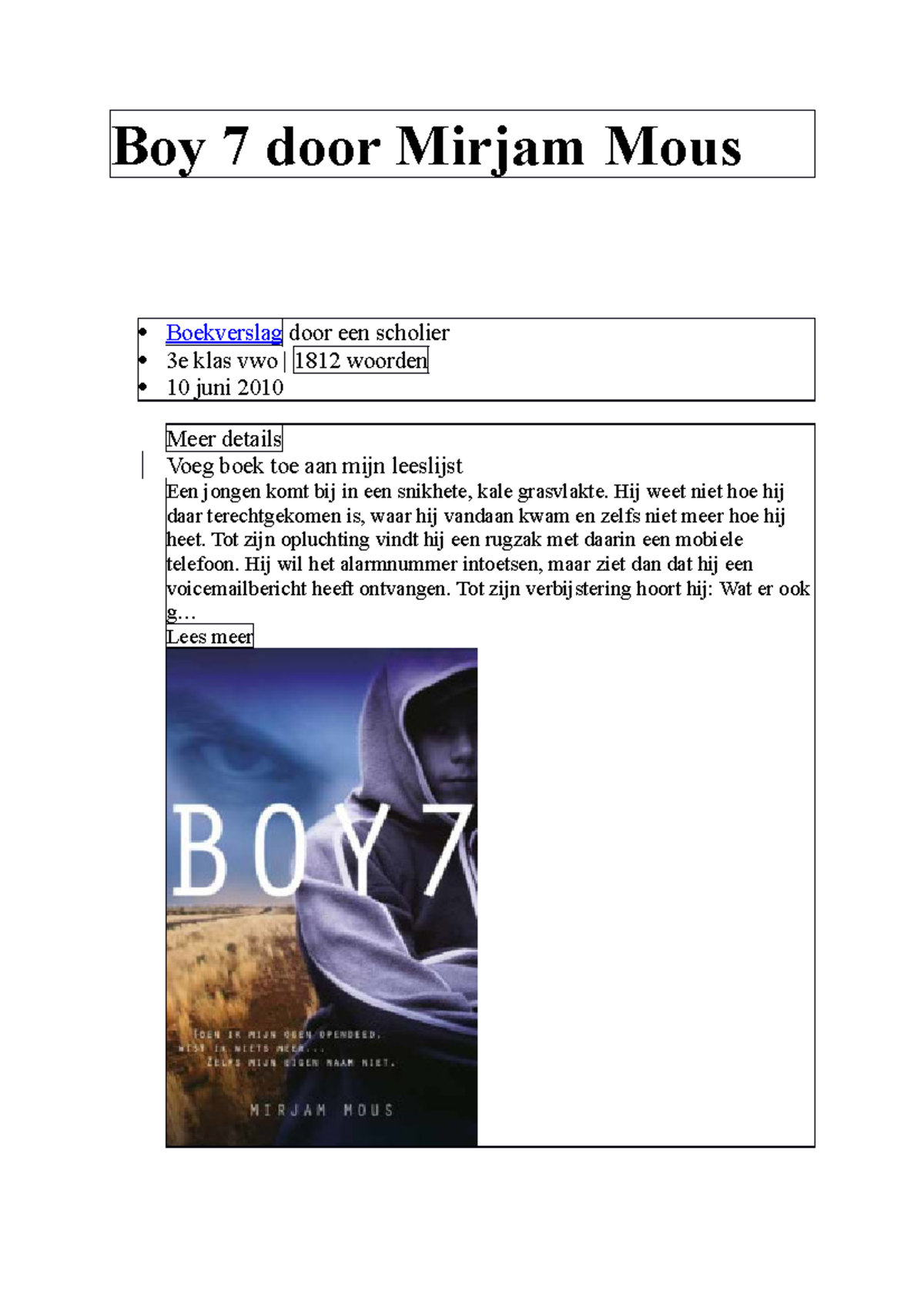 Boy7 Miriam Nous - boekverslag - Boy 7 door Mirjam Mous Boekverslag ...