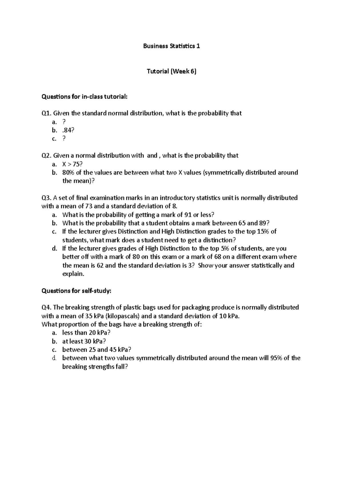 W6 Tutorial Questions - Notes - Business Statistics 1 Tutorial (Week 6 ...