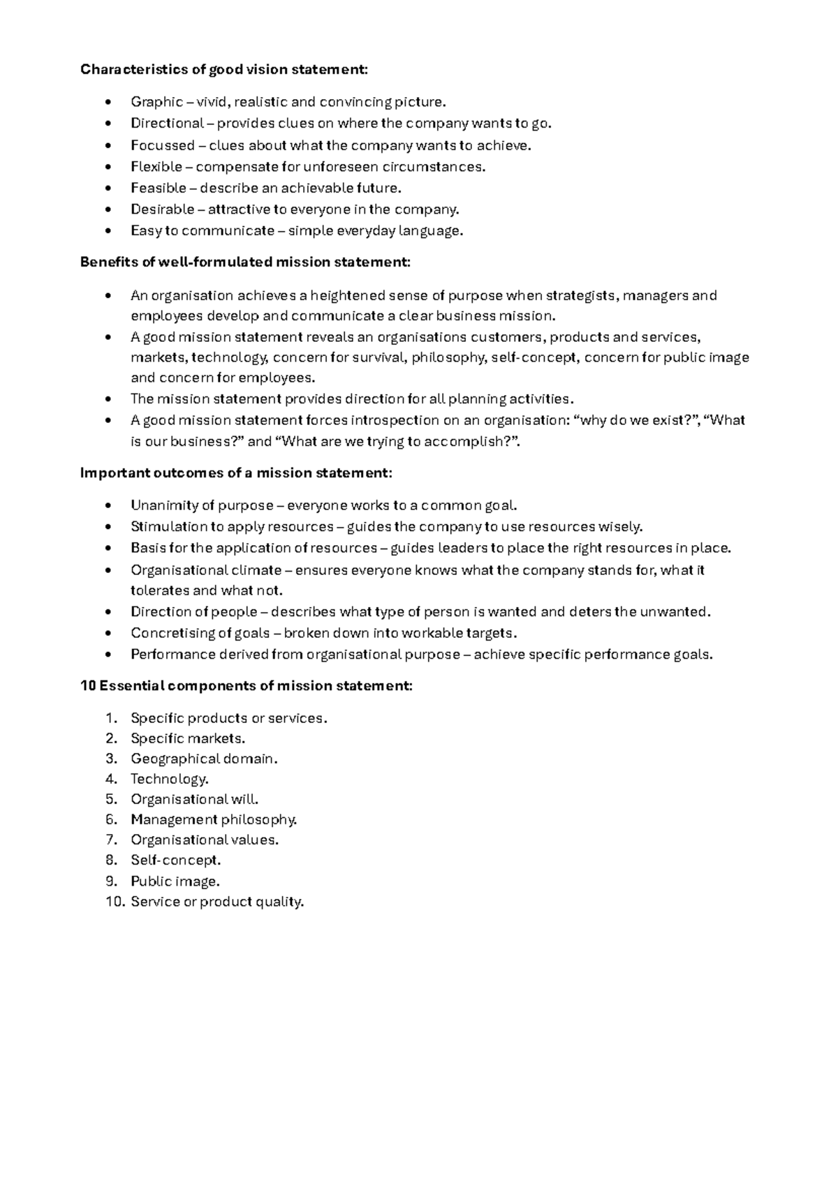 Vision and Mission notes - Characteristics of good vision statement ...