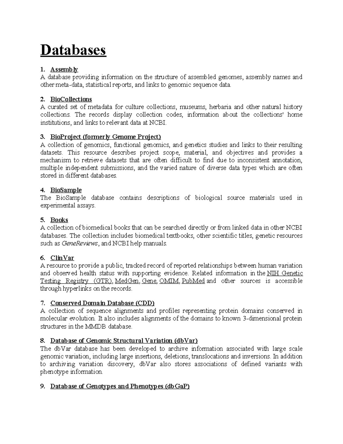 Databases - my assignment - Databases 1. Assembly A database providing ...