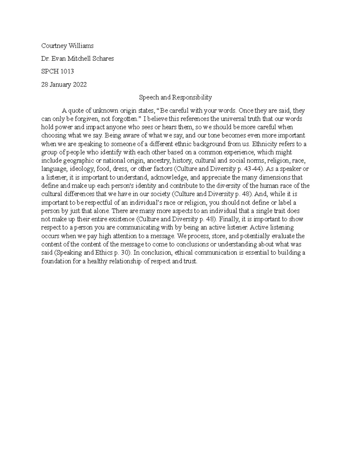 Speech and Responsibility essay - Courtney Williams Dr. Evan Mitchell ...