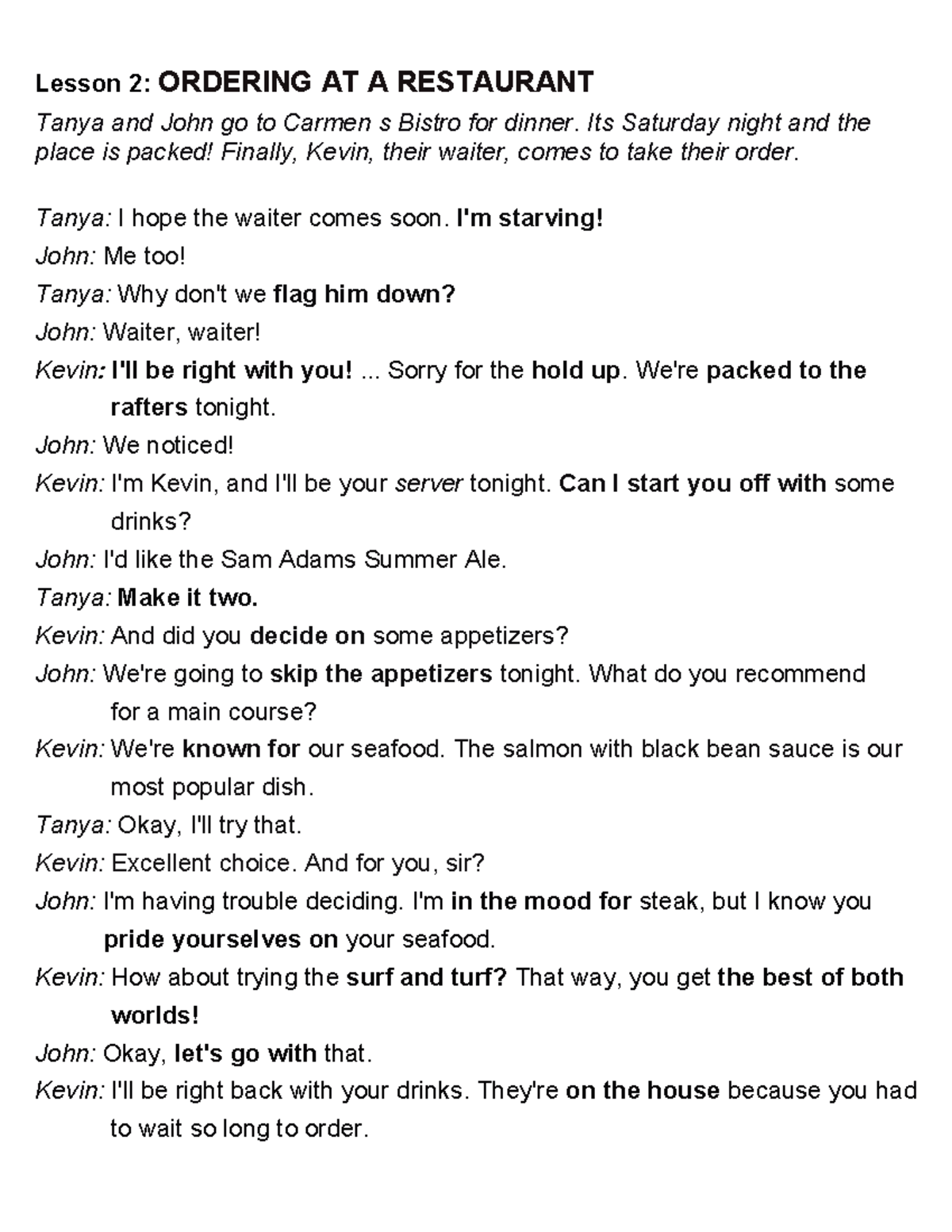 Restaurant-conversation - Lesson 2: ORDERING AT A RESTAURANT Tanya and ...