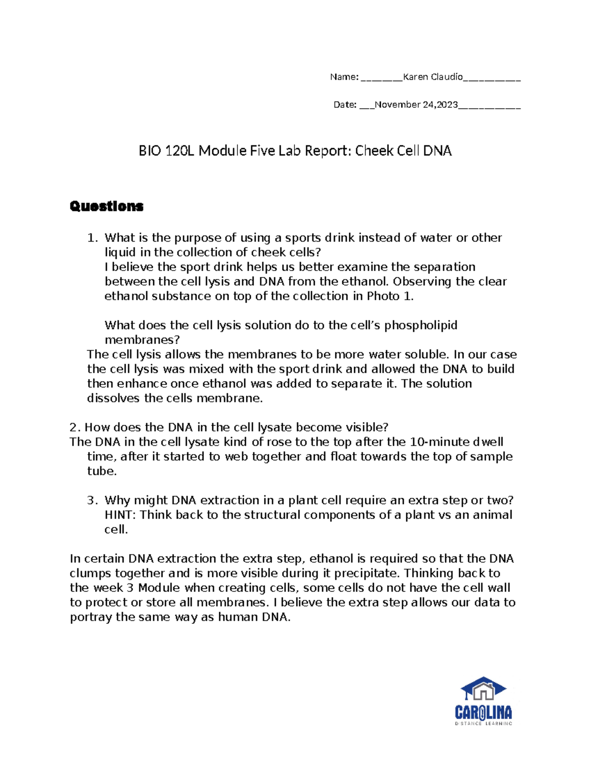 BIO 120L Module Five Cheek Cell DNA Extraction Lab Report Template ...