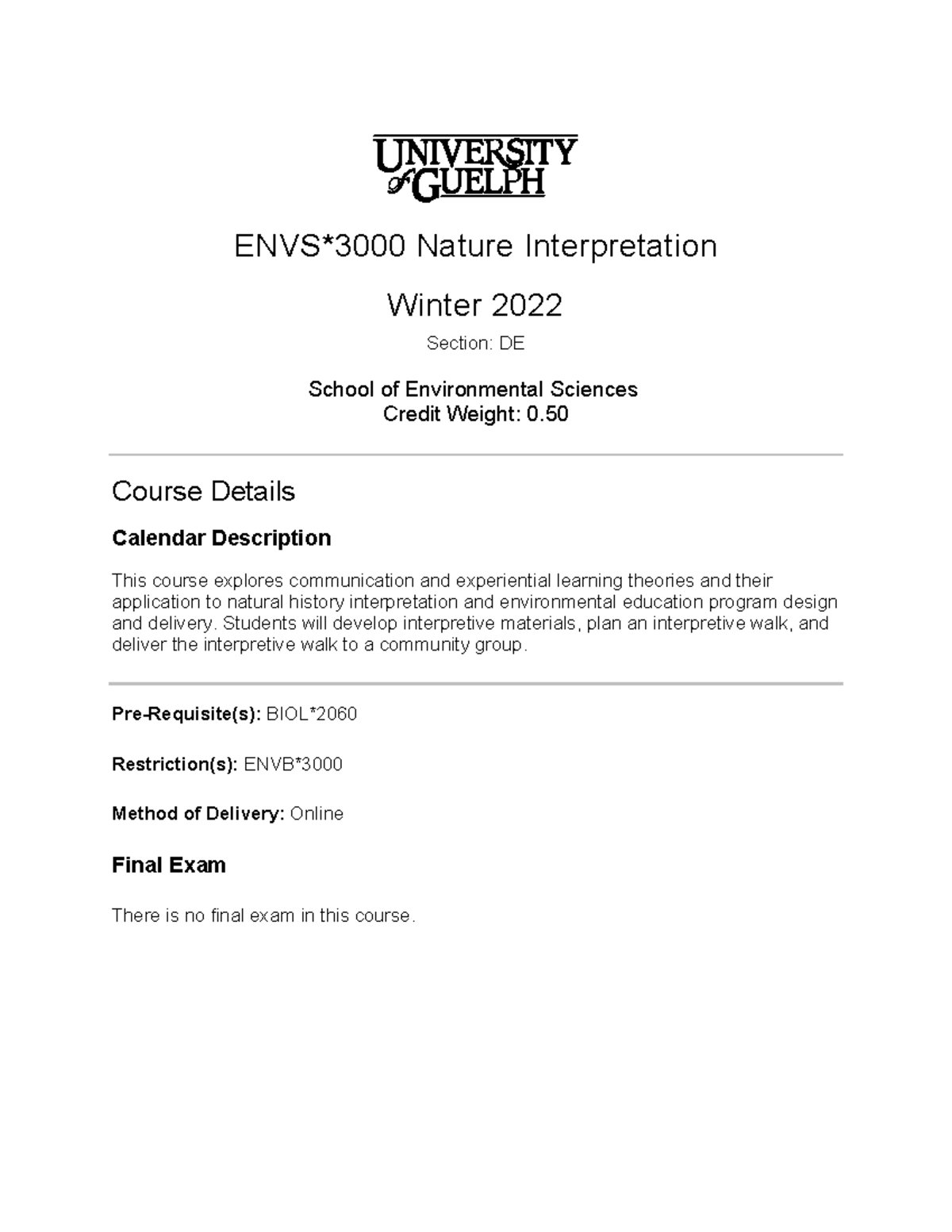 Outline ENVS3000 DE W22 final-3 - ENVS*3000 Nature Interpretation ...
