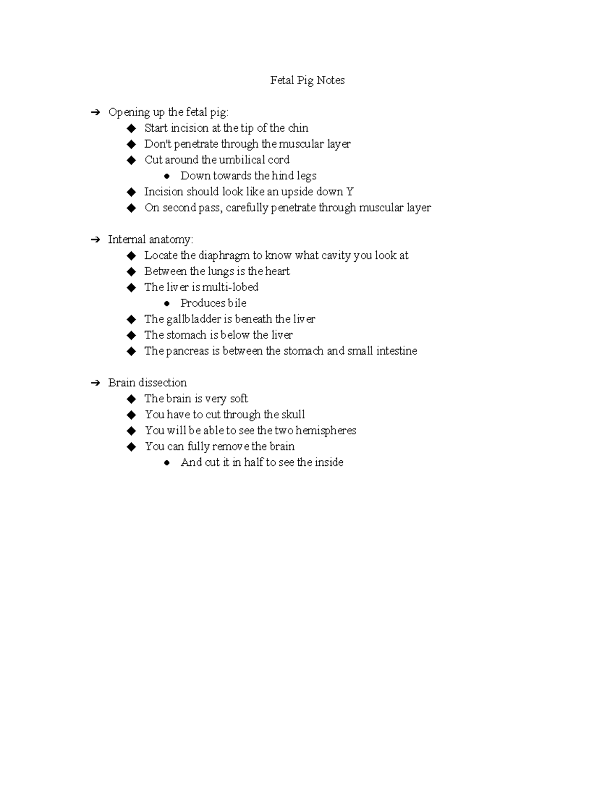 Fetal pig notes - Fetal Pig Notes Opening up the fetal pig: Start ...