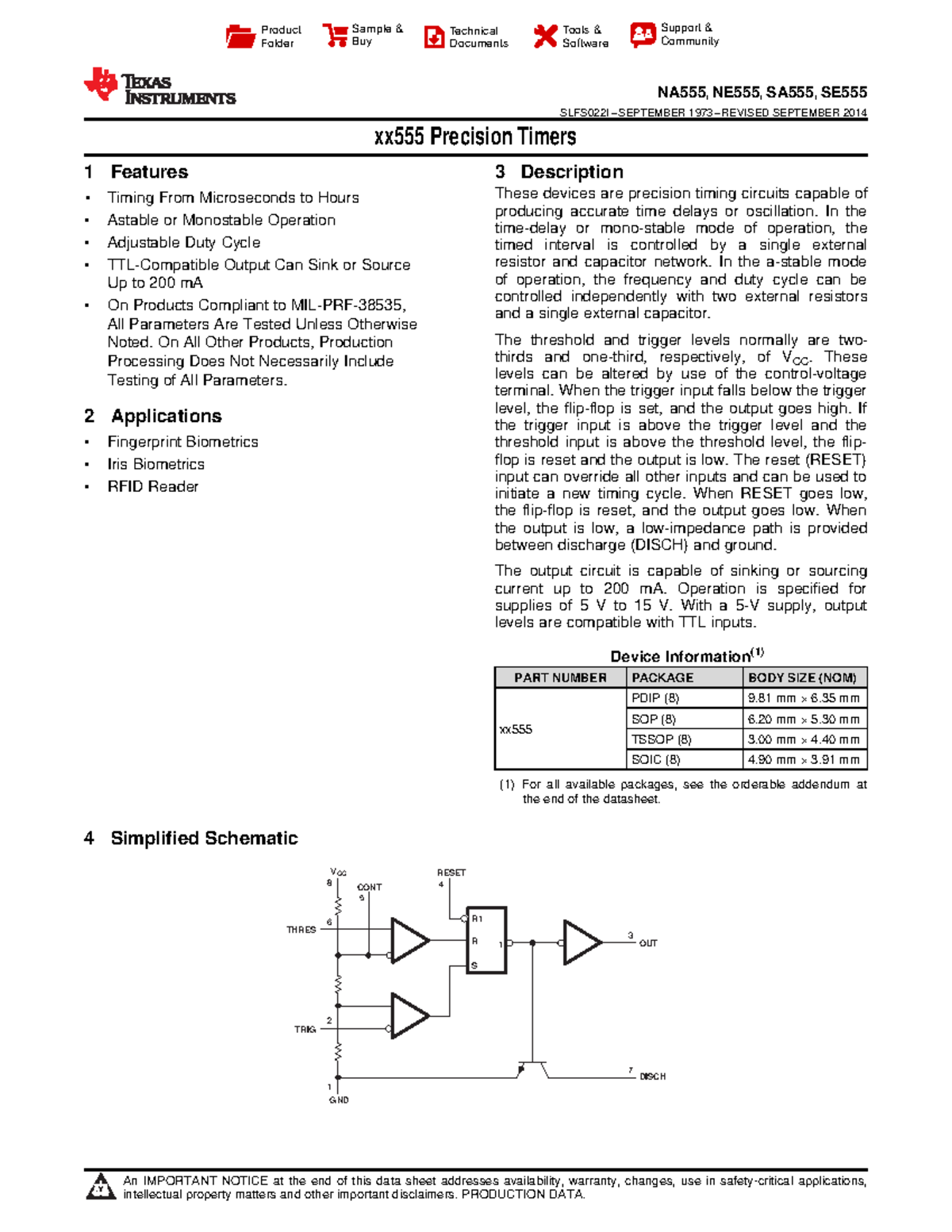 Se555 - information sheet for ne555 - 1 S R R TRIG THRES VCC CONT RESET ...