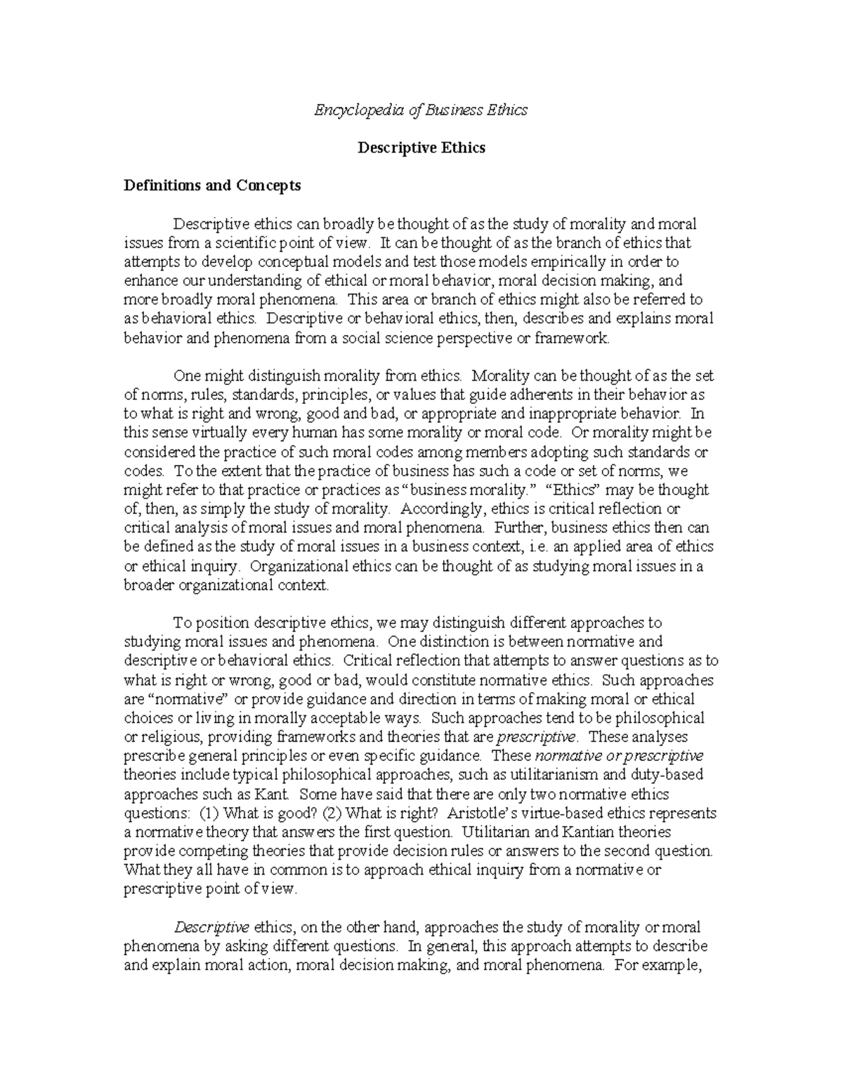 Descriptive Ethics Encyclopedia Of Business Ethics Encyclopedia Of Business Ethics
