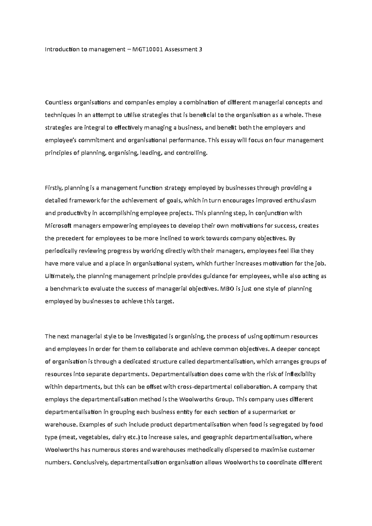 MGT major individual essay - Introduction to management – MGT10001 ...