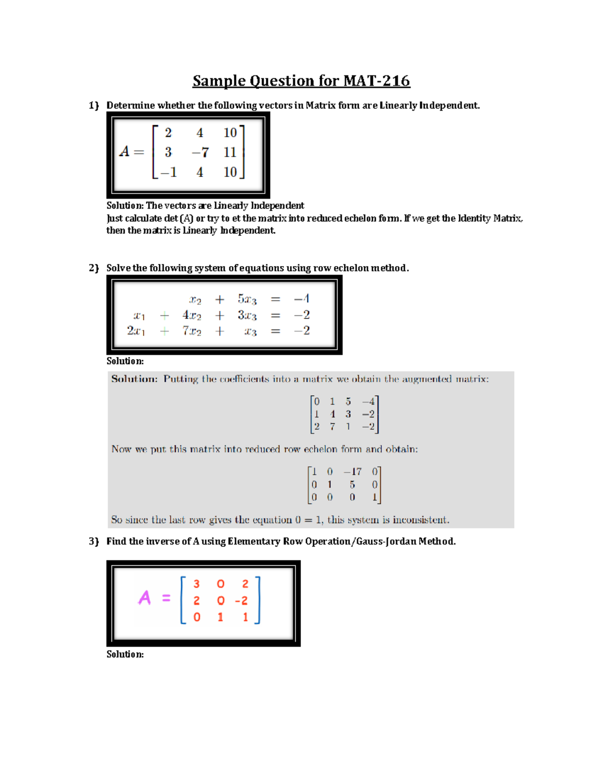 Sample Question for MAT216 - Sample Question for MAT- Determine whether ...