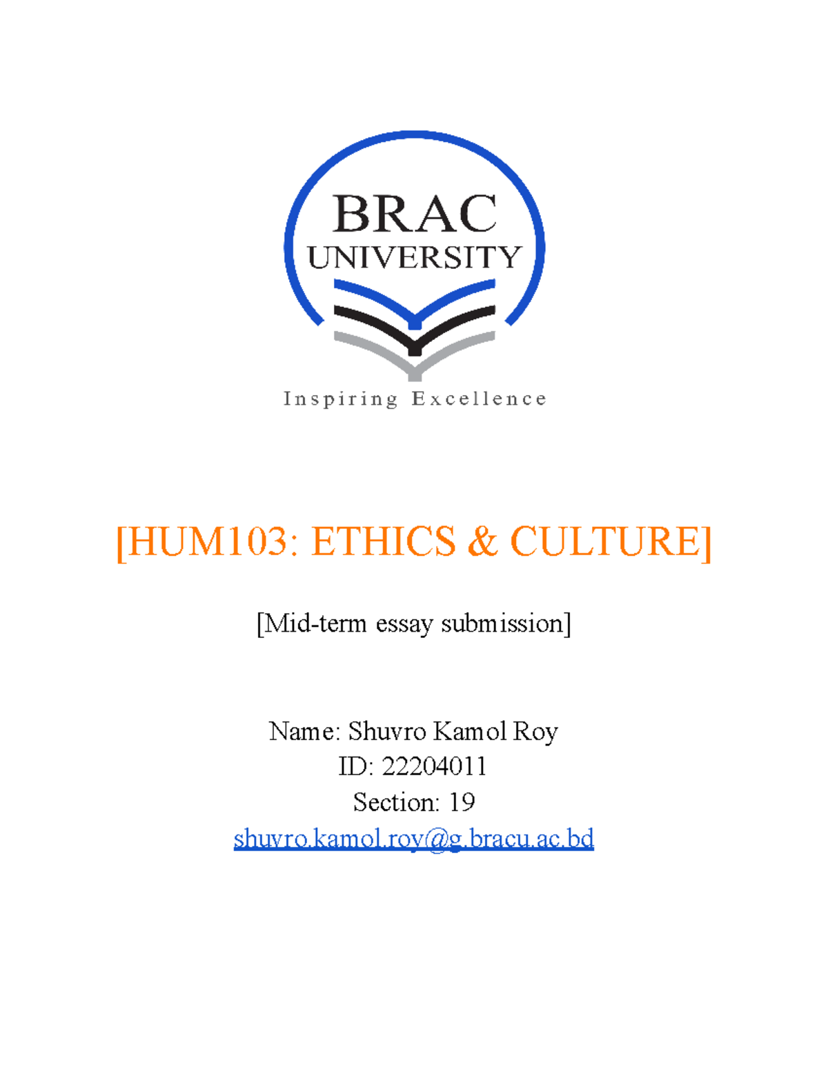 HUM103 S19 Shuvro Kamol Roy Midterm Fall 2023 - [HUM103: ETHICS ...
