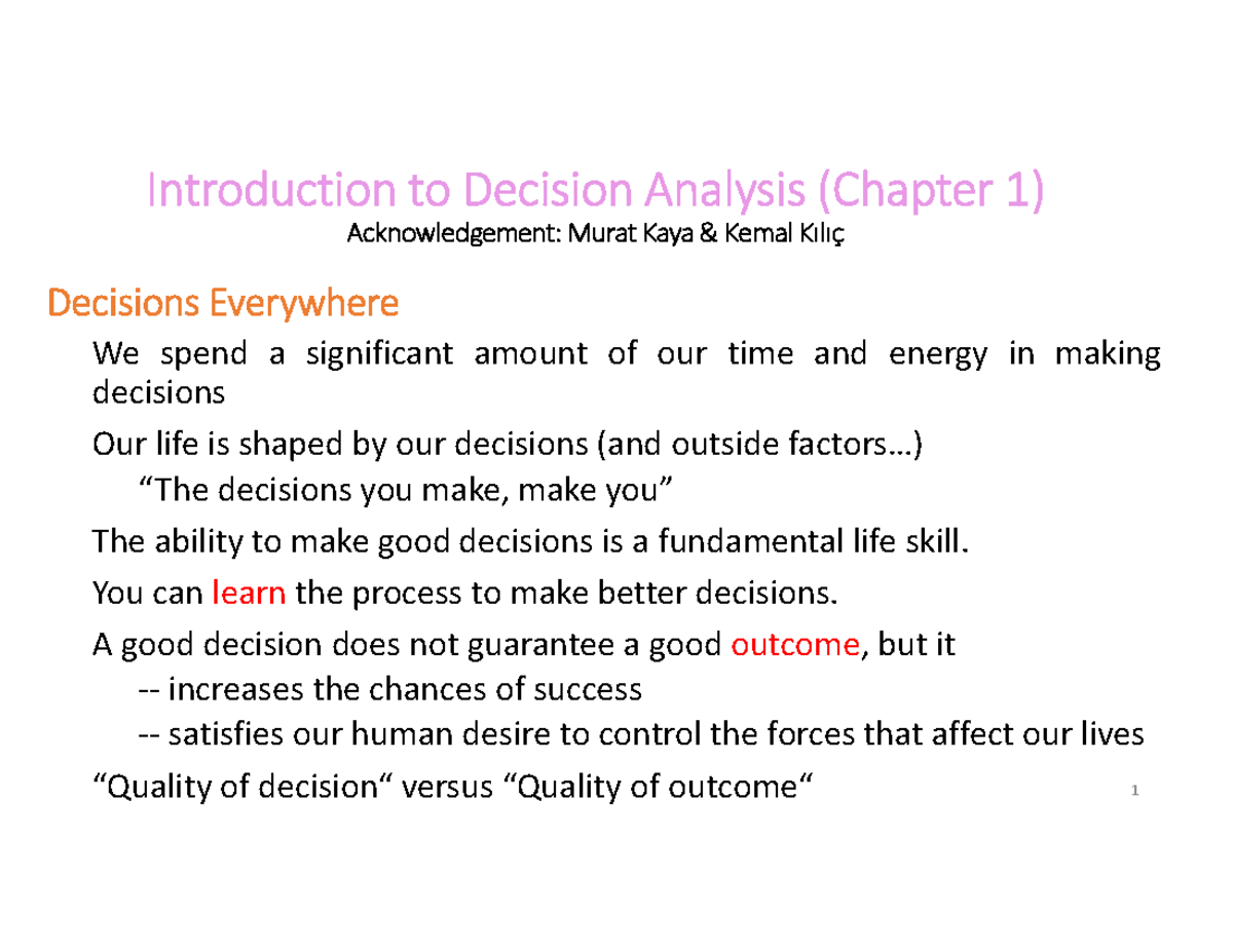 Lecture Notes 1- Introduction - Introduction to Decision Analysis ...