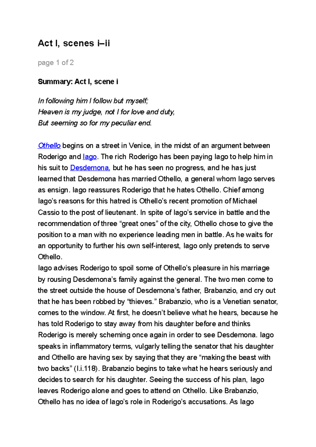 William Shakespeare - Othello - Summary and Analysis Act I - Act I ...