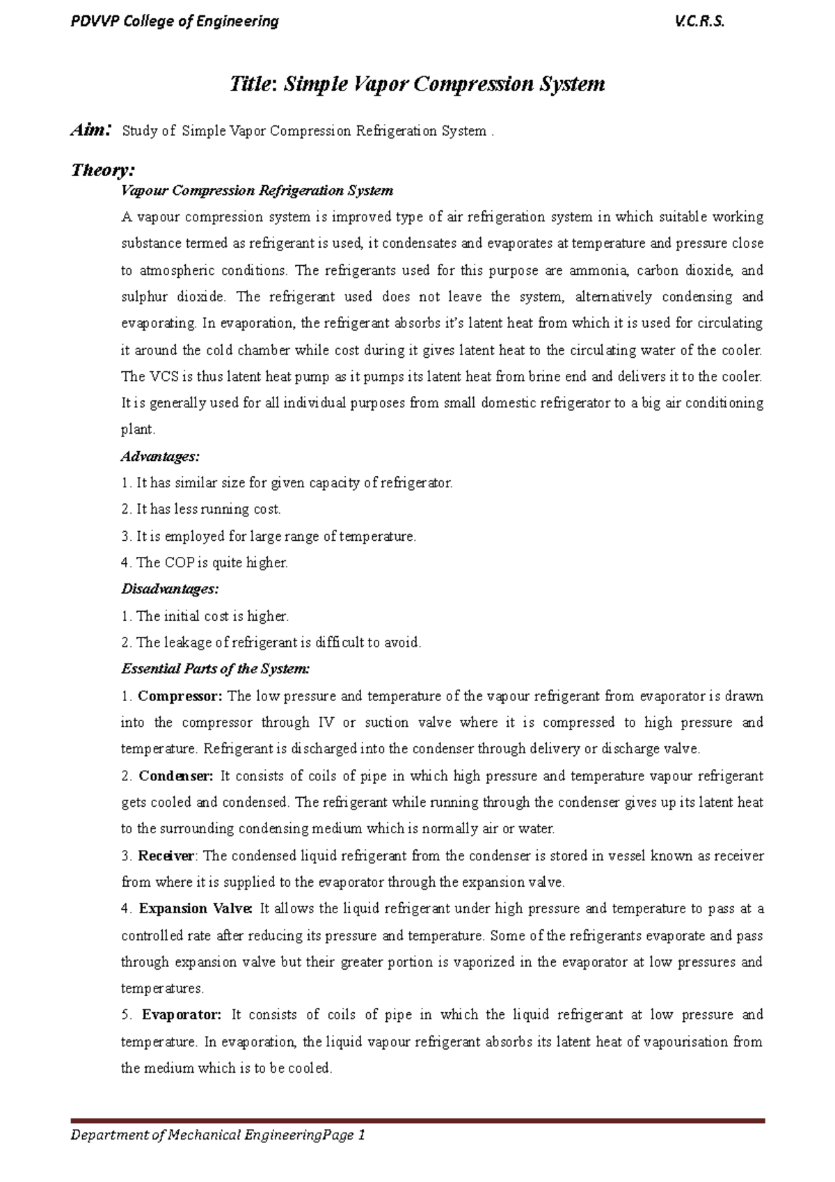 Simple Vapour Compression Refrigeration system - PDVVP College of ...