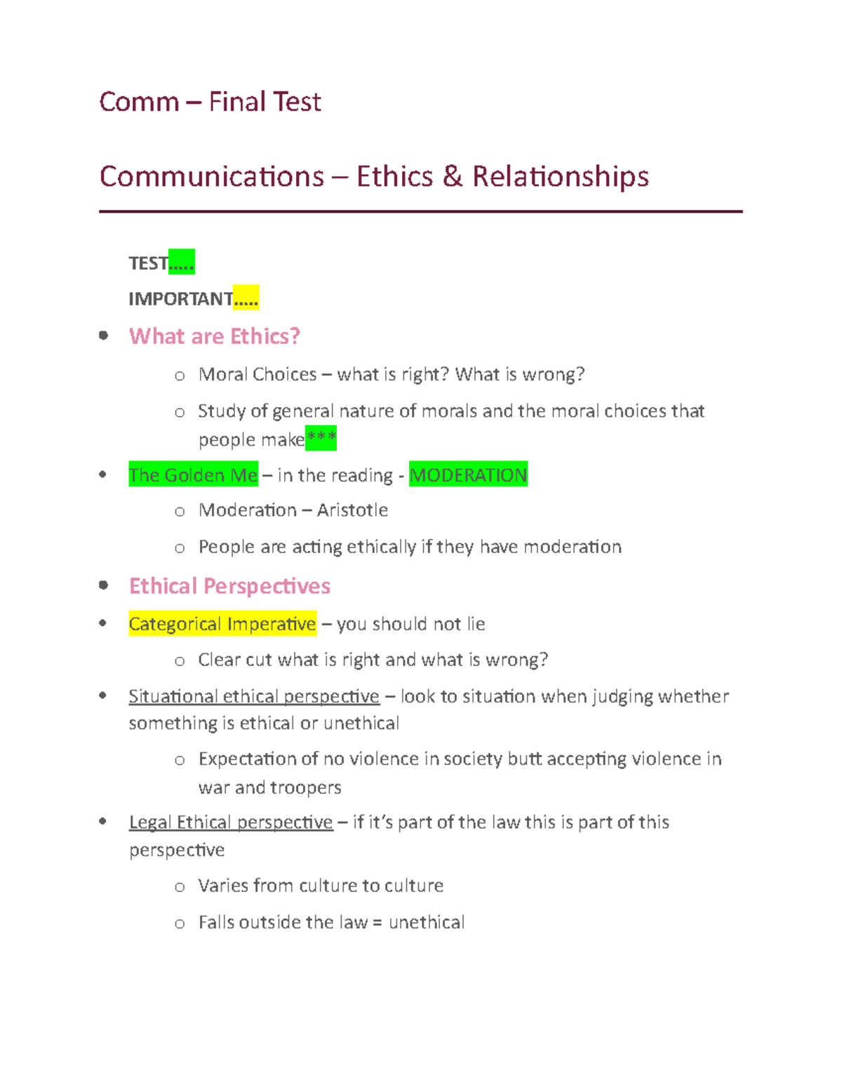 Final Exam - cummulative - Comm – Final Test Communications – Ethics ...