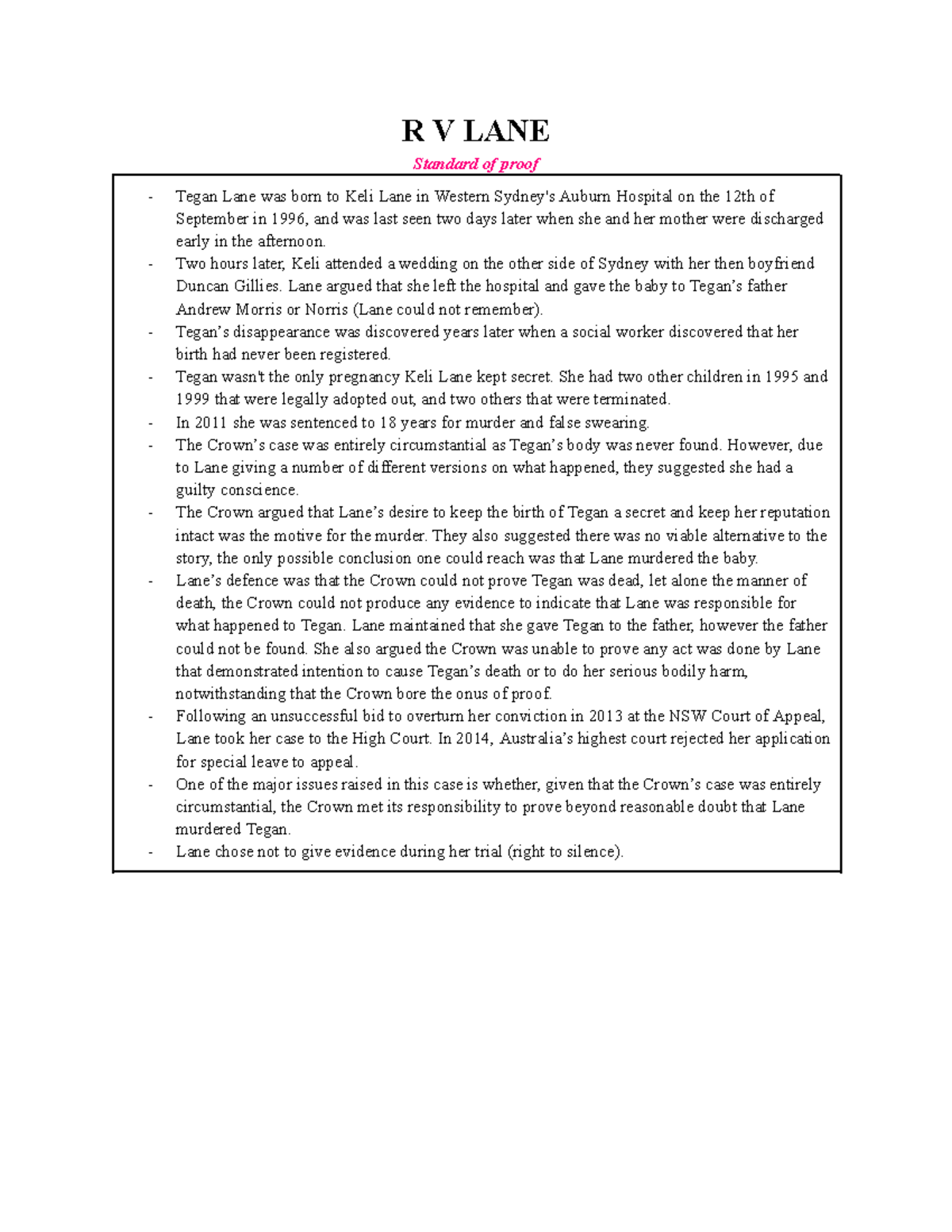 Crime Case - Standard of Proof - R V LANE Standard of proof - Tegan ...